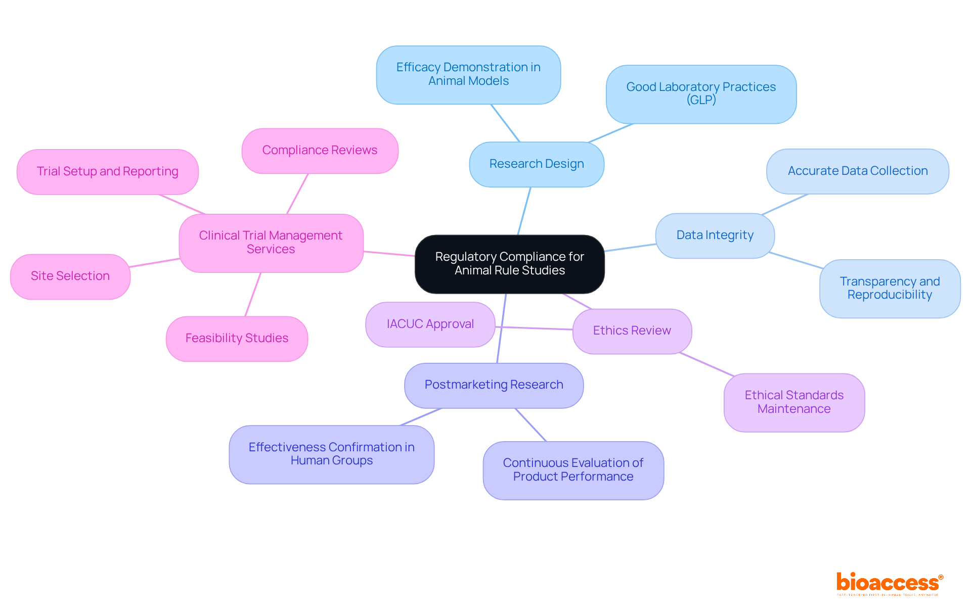 The central node represents the overall theme of regulatory compliance, while the branches show the key areas of focus. Each sub-branch provides more detail on specific requirements or actions needed to ensure compliance.