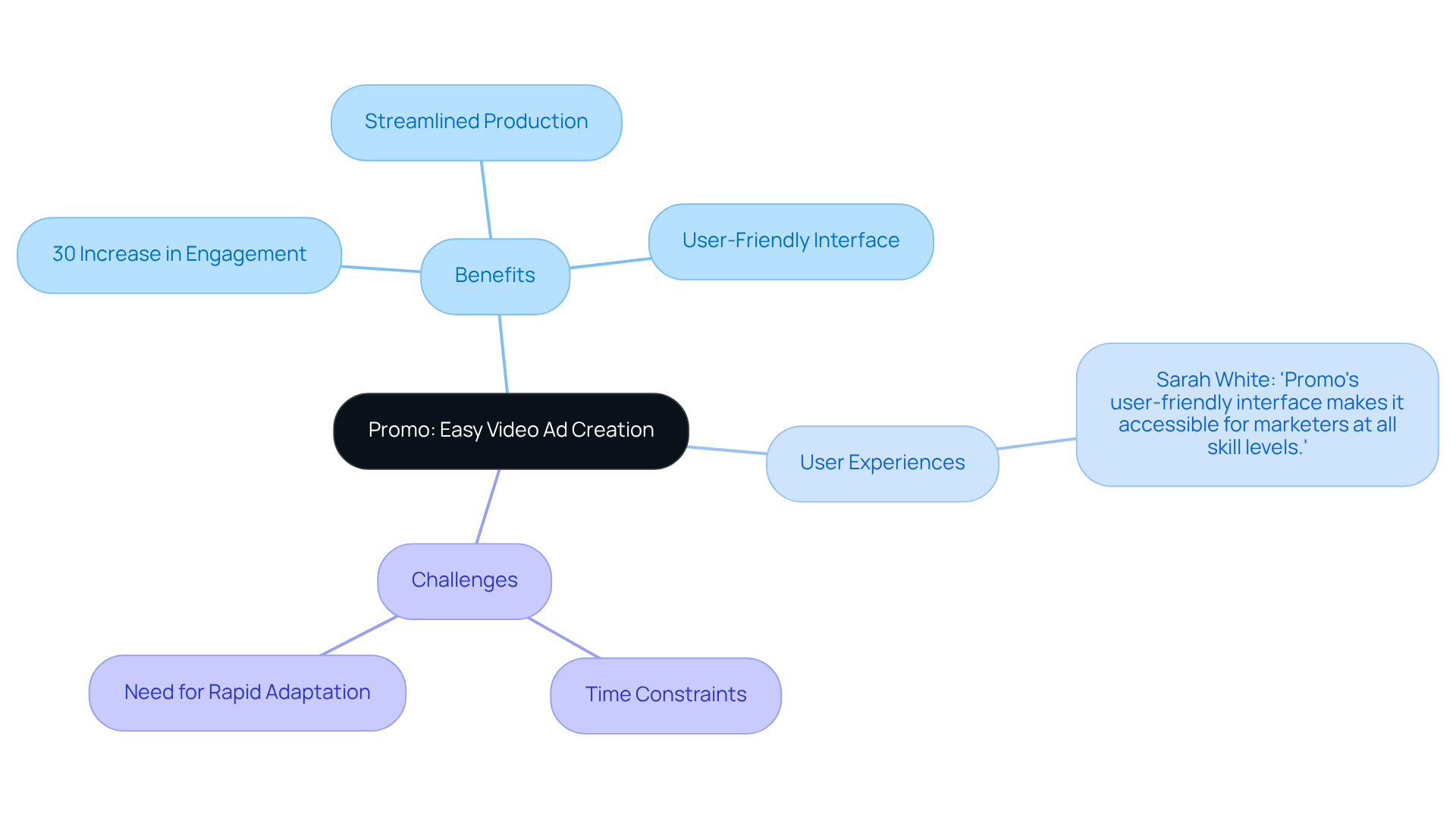 The center shows Promo's main purpose, while branches illustrate its benefits and user experiences. Each branch helps you understand how Promo can assist marketers in creating effective video ads.