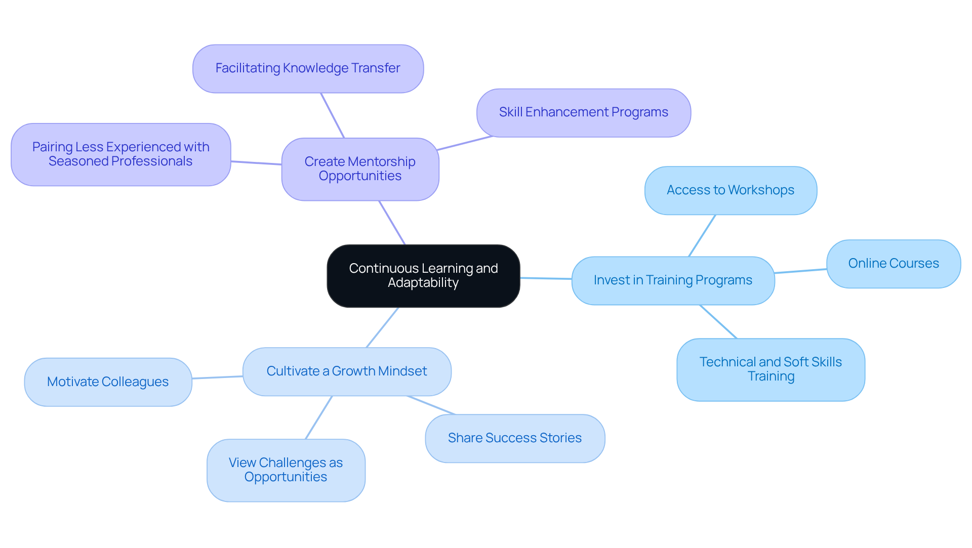 The center represents the main theme of continuous learning. Each branch shows a strategy to support this theme, with further details available as you explore each branch. The center represents the main theme of continuous learning. Each branch shows a strategy to support this theme, with further details available as you explore each branch.