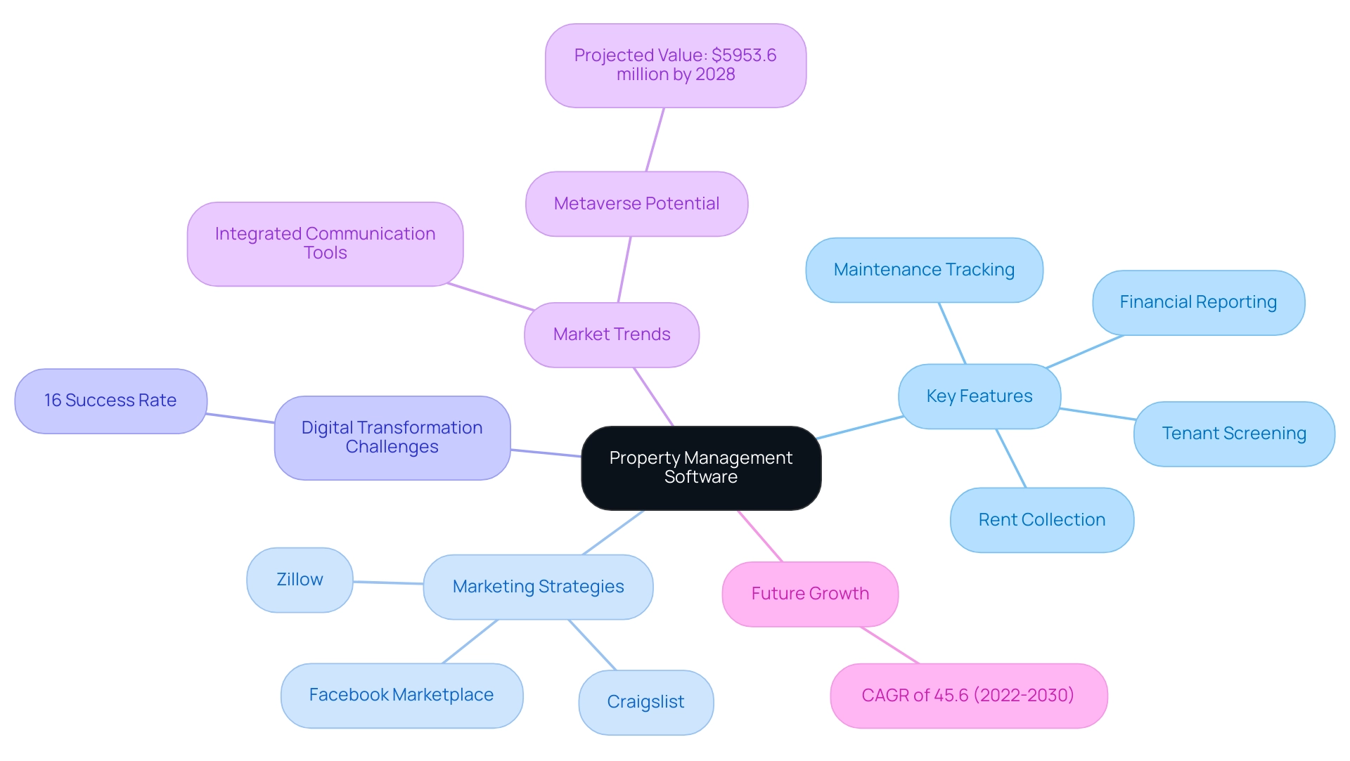 The central node represents the software overview, with branches detailing features, marketing strategies, challenges, trends, and growth potential.