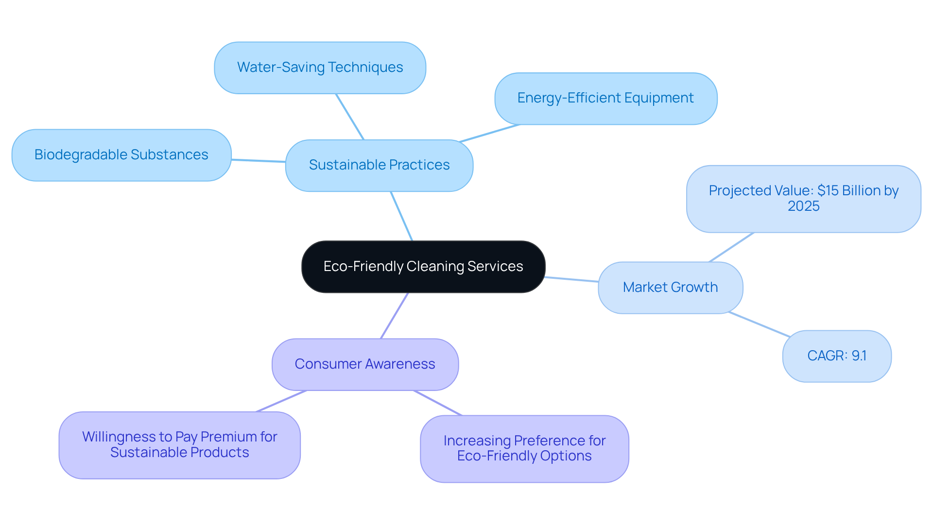 The central node represents eco-friendly cleaning services, with branches showing the sustainable practices, market growth potential, and how consumer awareness ties into these services.