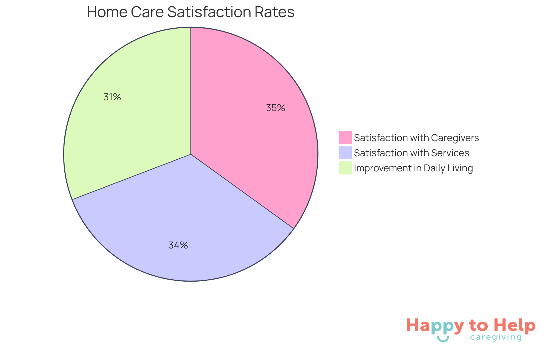 Each slice of the pie shows how satisfied people are with their caregivers and services, and how much improvement they experienced in daily activities. The bigger the slice, the more people reported that experience.