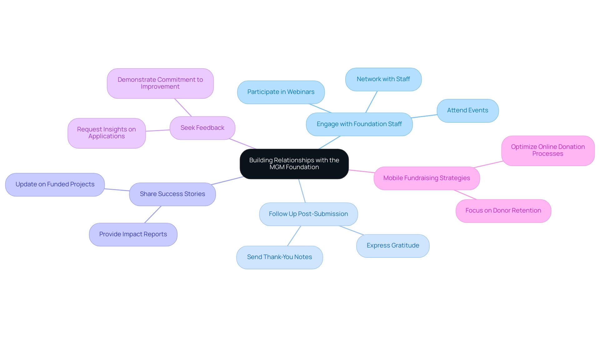 Each branch represents a strategy for building relationships with the MGM Foundation, demonstrating how each strategy contributes to the overall goal. Each branch represents a strategy for building relationships with the MGM Foundation, demonstrating how each strategy contributes to the overall goal.