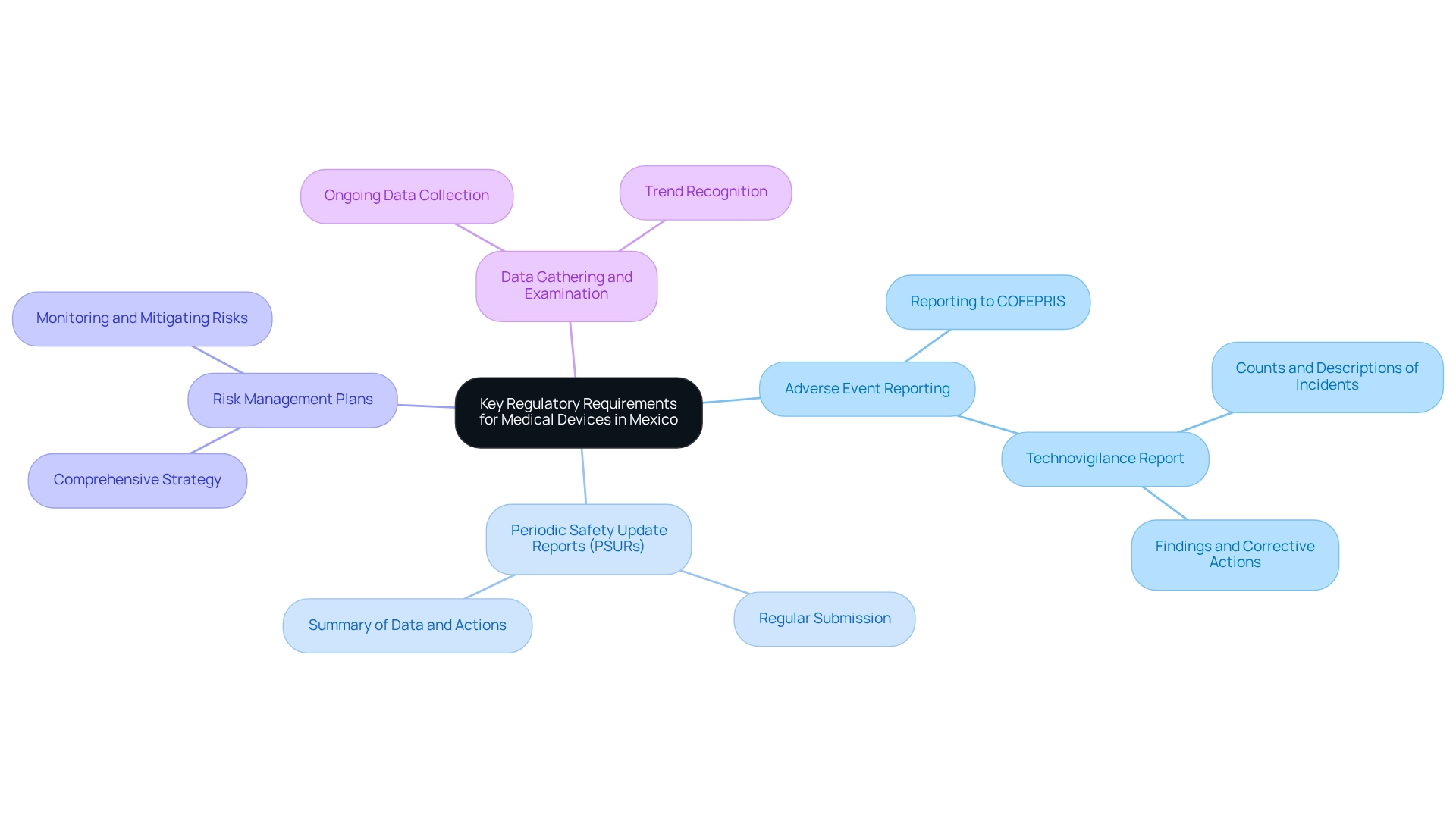 The central node shows the main topic, while the branches represent different regulatory requirements. Each sub-branch provides more detail about what needs to be done for compliance. Use this map to navigate the compliance landscape and understand each requirement's role.