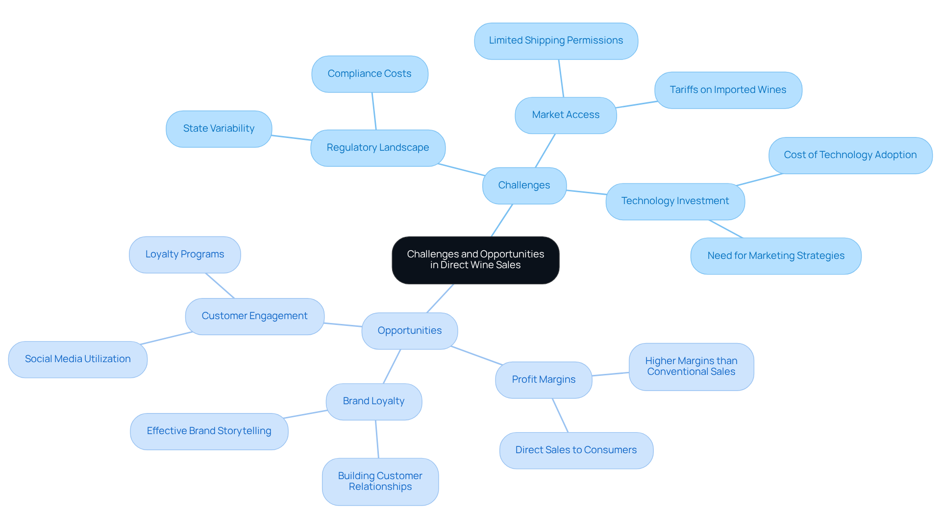 This mindmap illustrates the various challenges wineries face in direct sales and the opportunities available to them. Each branch shows a key area of focus, helping to visualize the relationship between obstacles and potential rewards.