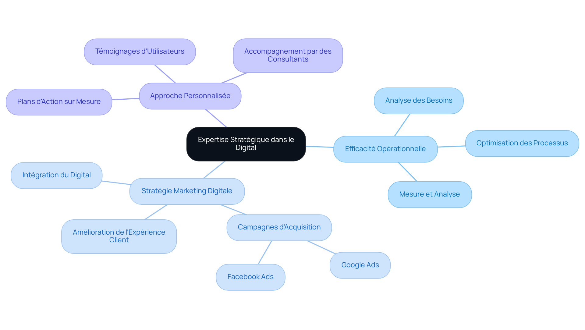 Le nœud central représente l'expertise stratégique, tandis que les branches montrent les domaines clés et les actions qui en découlent. Suivez les branches pour explorer comment chaque aspect contribue à la transformation numérique.
