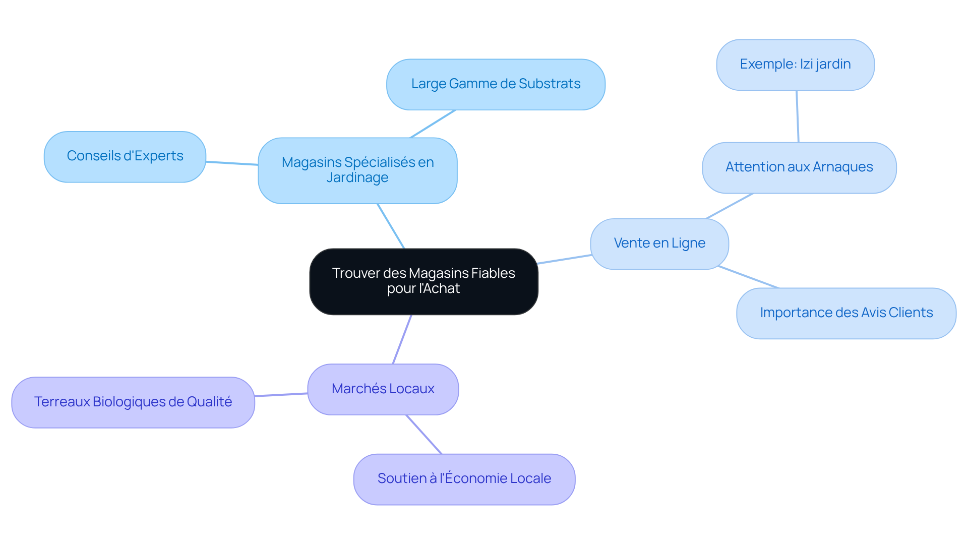 Le centre représente le thème principal, et chaque branche montre un type de magasin. Les sous-branches fournissent des détails supplémentaires, comme des conseils ou des caractéristiques, pour vous aider à choisir le meilleur endroit pour acheter vos produits de jardinage.