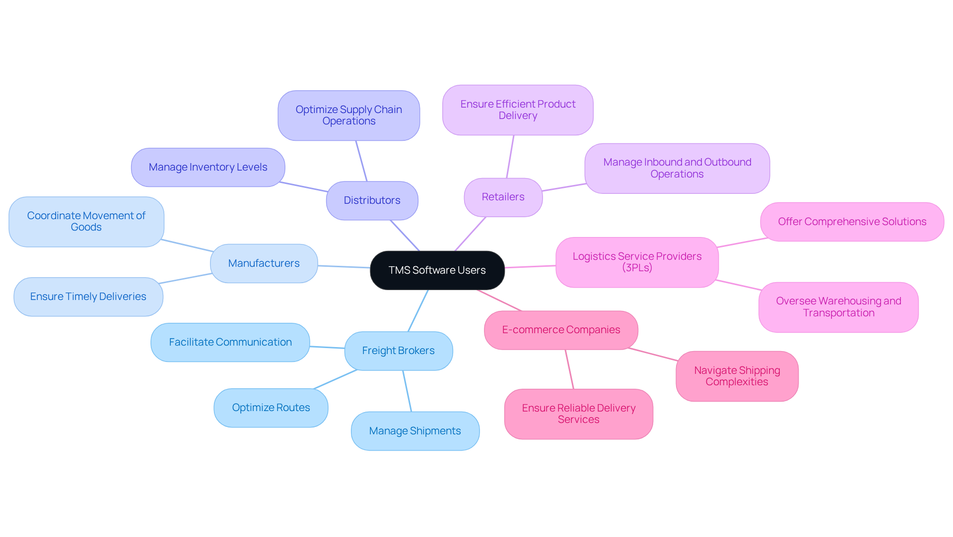 This mindmap shows the different groups that use TMS software and how they benefit from it. Start at the center with 'TMS Software Users' and follow the branches to see who they are and what they do with the software. This mindmap shows the different groups that use TMS software and how they benefit from it. Start at the center with 'TMS Software Users' and follow the branches to see who they are and what they do with the software.