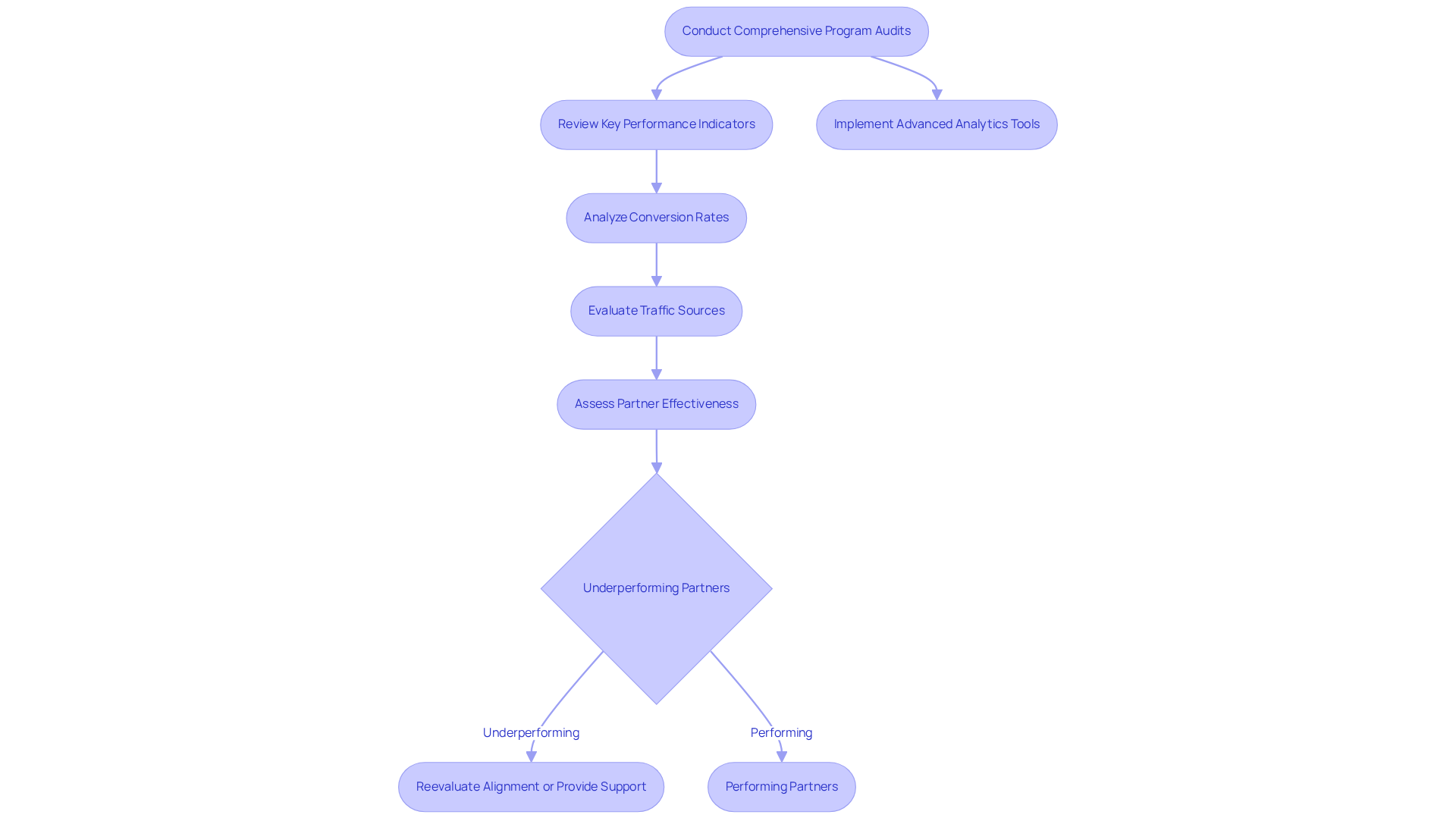 This flowchart outlines the steps to conduct a comprehensive program audit. Start at the top and follow the arrows to see how each step connects. If you find underperforming partners, you can choose to either reevaluate their fit or provide them with additional support.