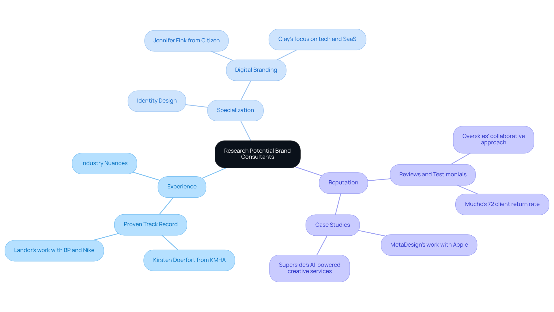 The center represents the main task of researching consultants, while the branches show the key criteria to consider. Each sub-branch provides more detail on what to look for in each area.