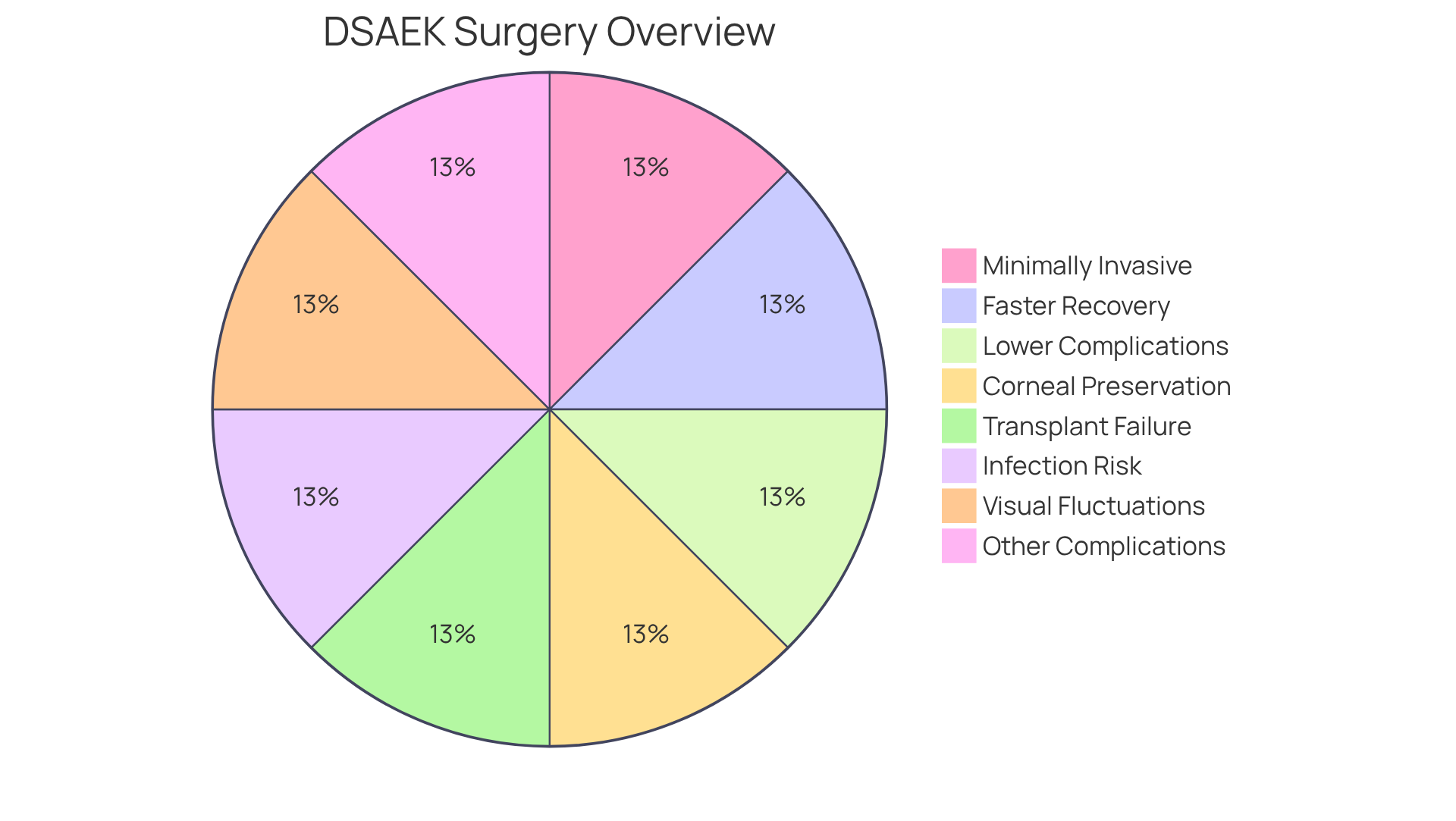 The chart shows the balance between the benefits and risks of DSAEK surgery. The green section represents the positive aspects, while the red section highlights the potential risks. Each slice within these sections details specific points, helping you understand what to consider when evaluating this surgical option.