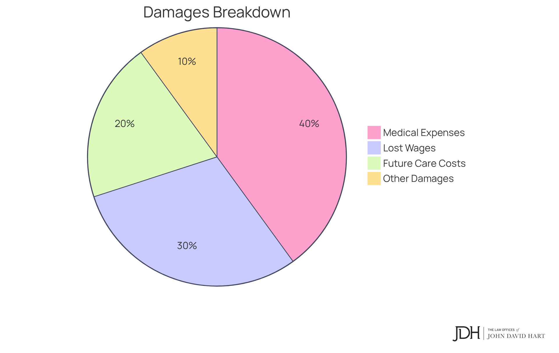 This chart shows how different types of damages contribute to the total compensation for brain injury victims. Each slice represents a category of damages — the larger the slice, the more significant that category is in the overall claim.