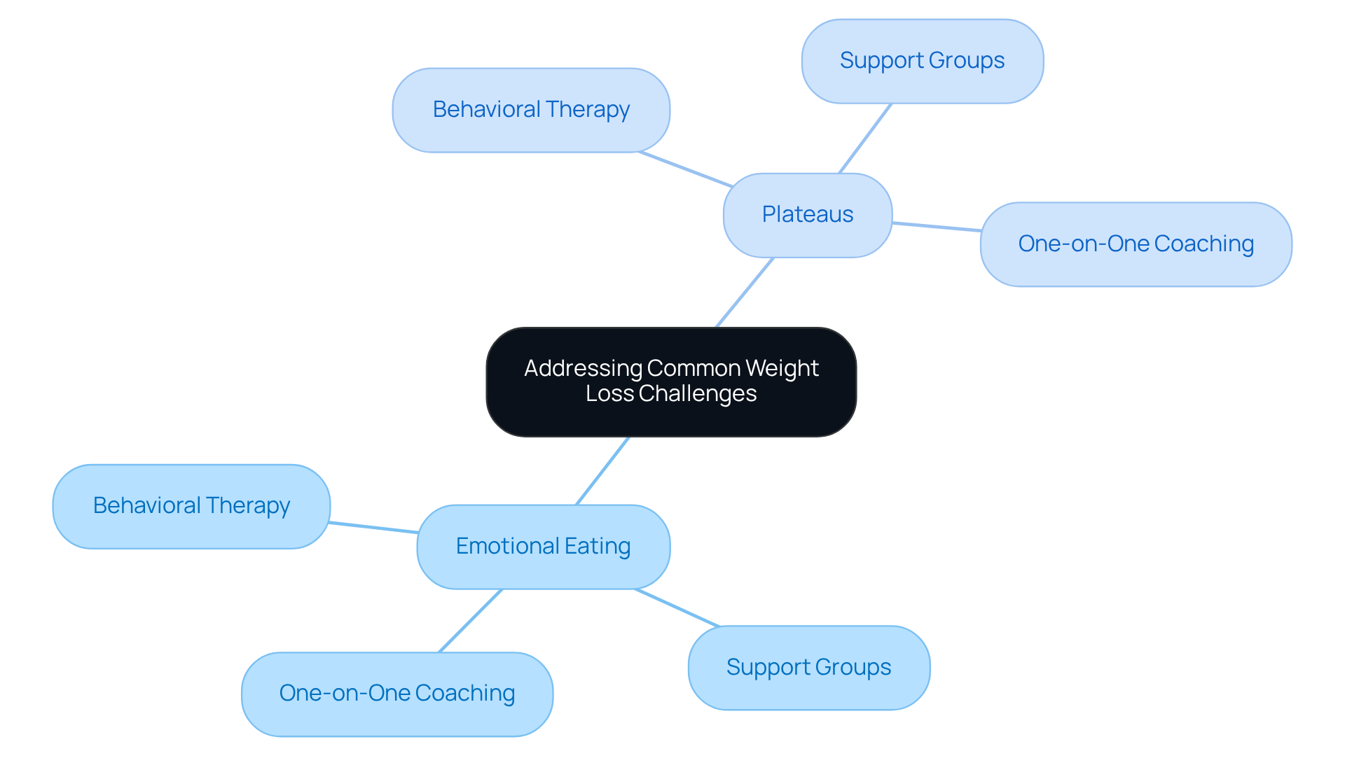 This mindmap shows the main challenges people face when trying to lose weight and the strategies available to help overcome them. Each branch represents a challenge, and the sub-branches detail the support options that can assist in managing those challenges.