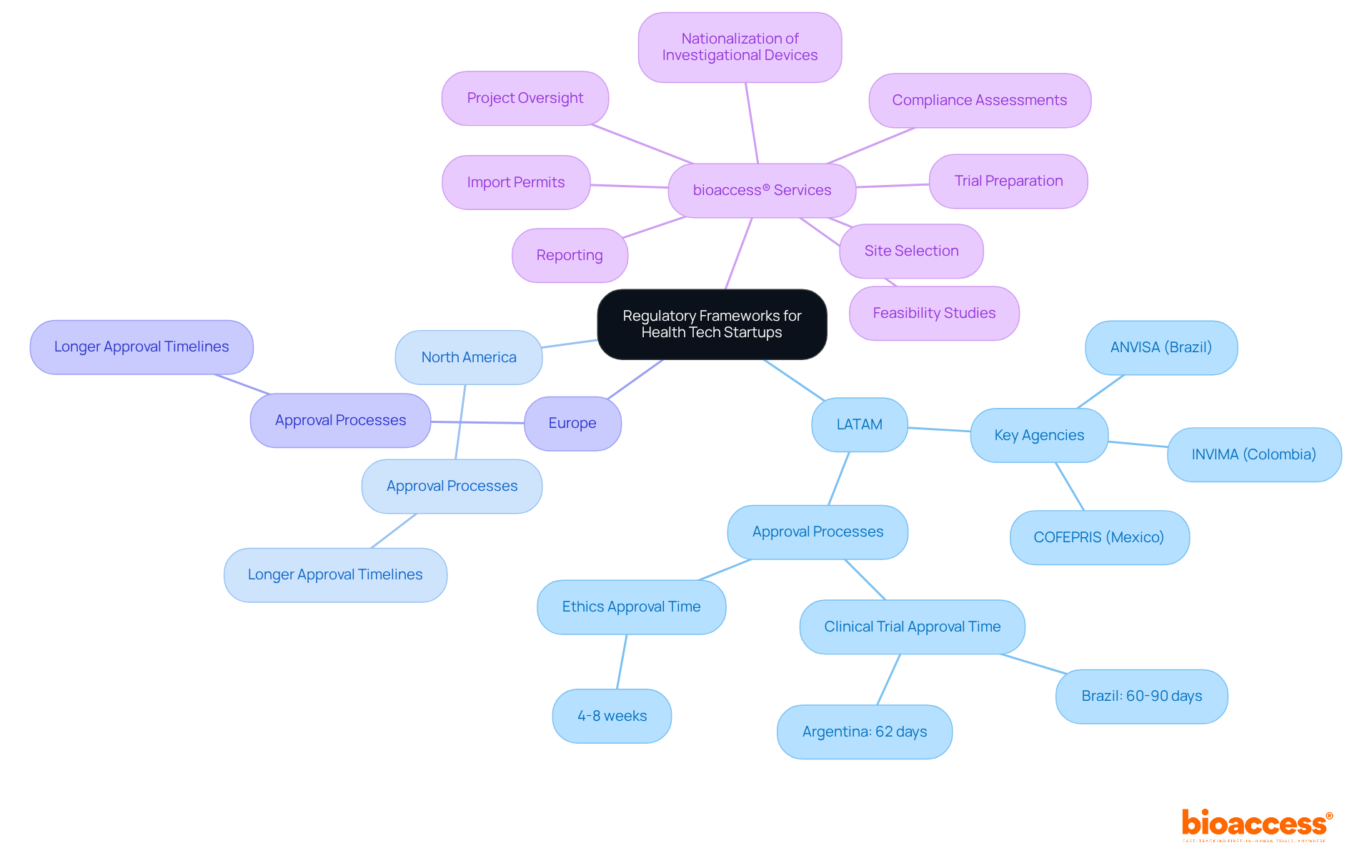 The central node represents the overall theme of regulatory frameworks. Branches show different regions and their specific agencies, while additional branches detail the services provided by bioaccess®. This layout helps you see how each part connects to the main idea. The central node represents the overall theme of regulatory frameworks. Branches show different regions and their specific agencies, while additional branches detail the services provided by bioaccess®. This layout helps you see how each part connects to the main idea.
