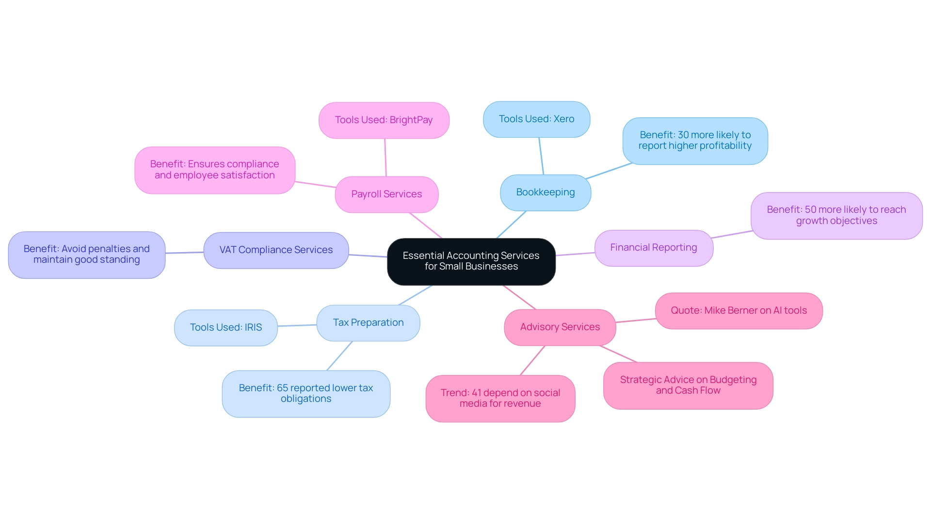 Each branch represents a core accounting service, with sub-branches detailing specific benefits or tools associated with that service.