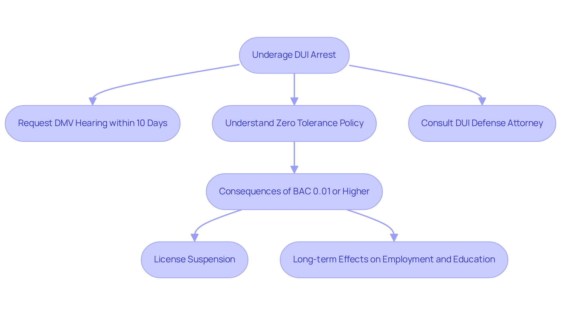This flowchart guides young drivers through the necessary steps after an underage DUI arrest. Follow the arrows to see what actions to take, from requesting a DMV hearing to understanding the consequences of the Zero Tolerance Policy.