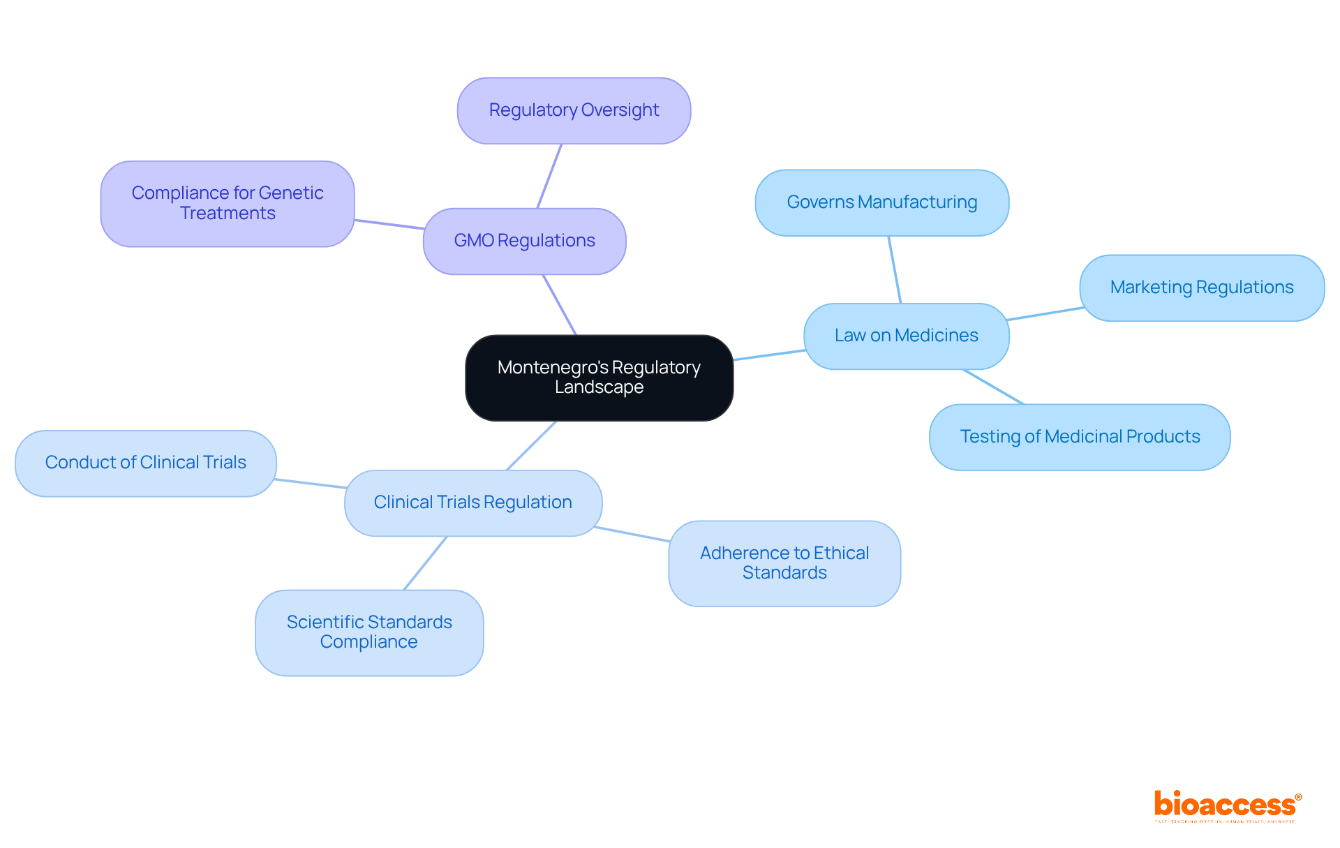 The central node represents the overall regulatory landscape, while the branches show the key laws and regulations that govern gene and cell therapies. Each branch provides insights into how these regulations contribute to compliance and market entry.