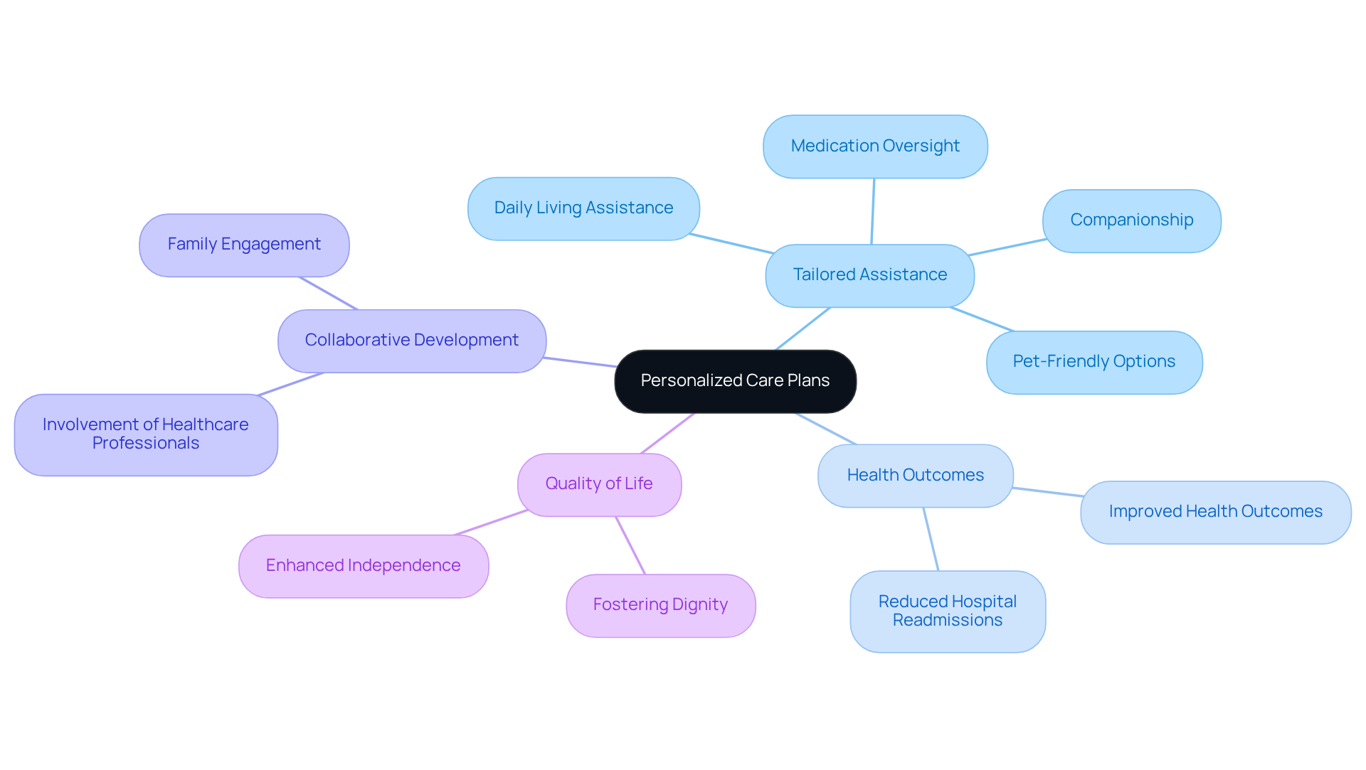 The center represents the main idea of personalized care. Each branch represents a key aspect of the care plan, with further details expanding off those branches. This layout illustrates how each part contributes to the overall aim of improving care for seniors.
