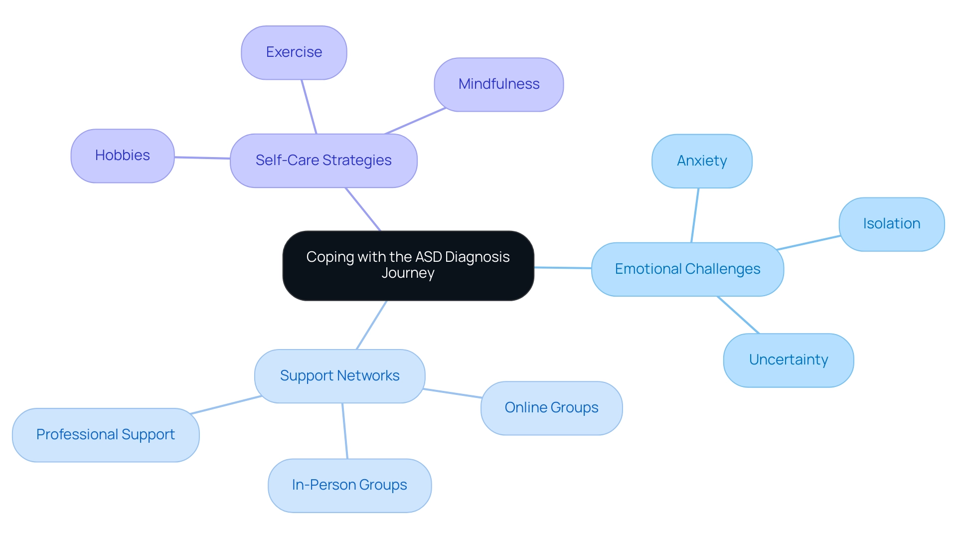 The central node represents the overall journey, with branches illustrating emotional challenges, support networks, and self-care strategies for caregivers.