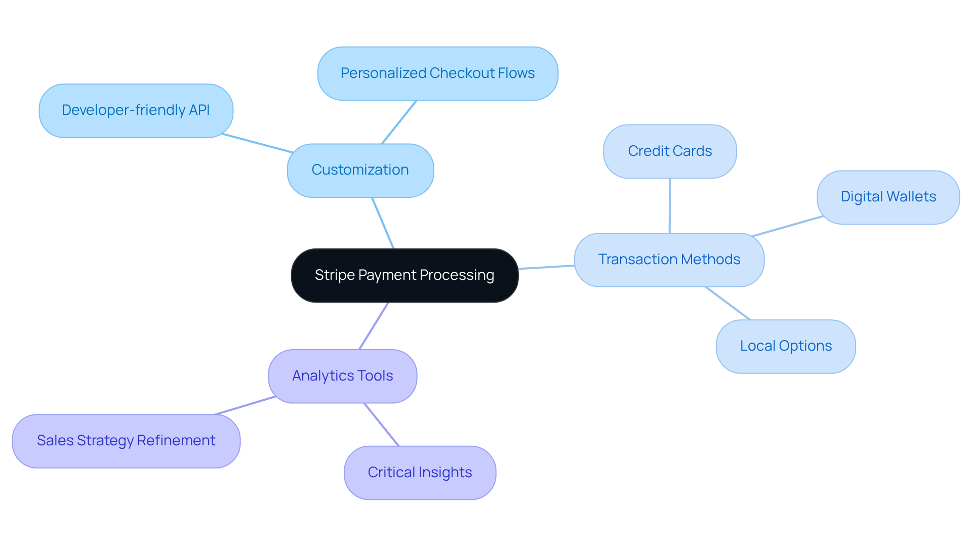 Start at the center with Stripe's payment processing, then explore the branches to see how customization, transaction methods, and analytics tools enhance the service.