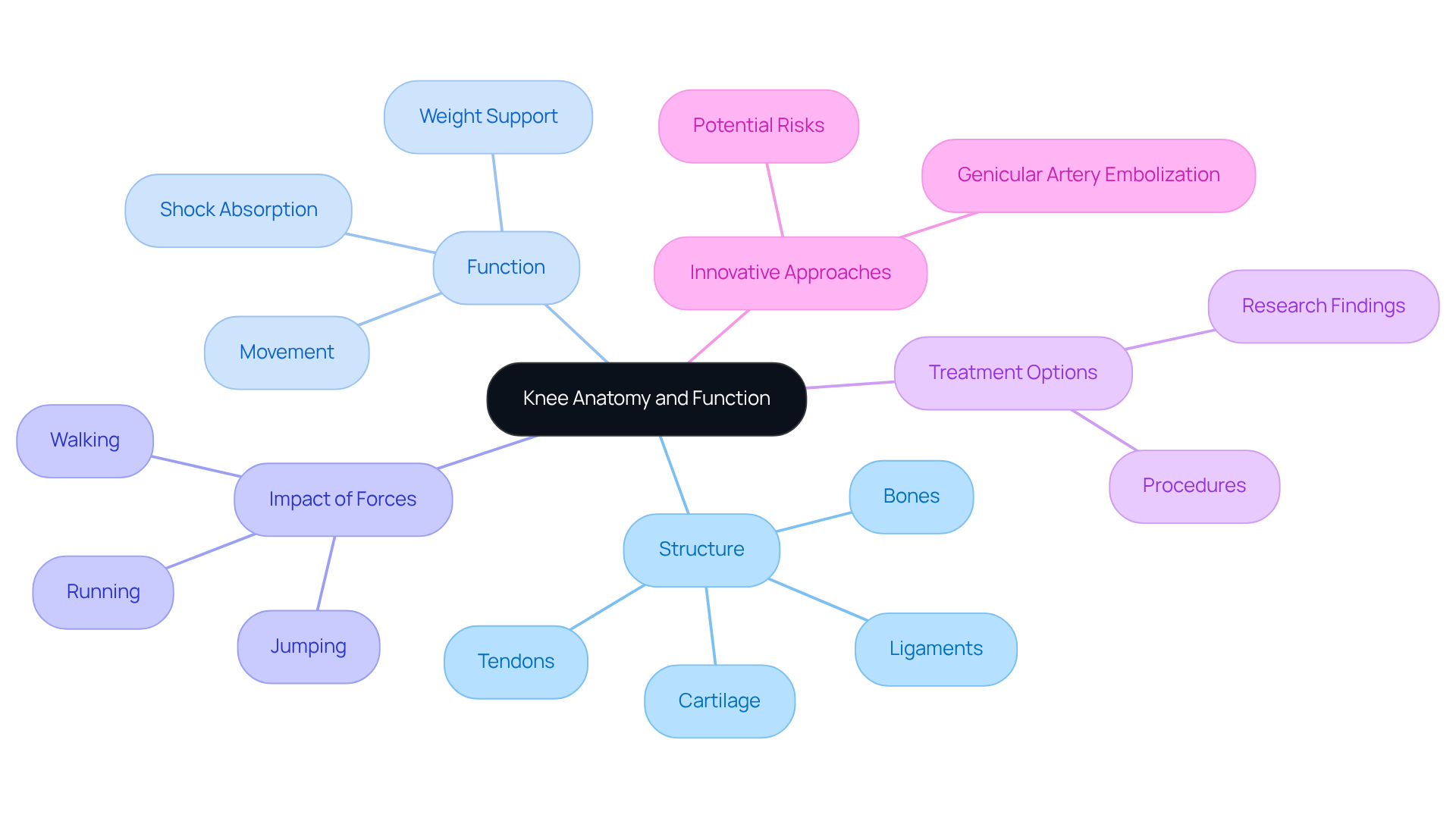 This mindmap starts with the central idea of knee anatomy and branches out into various related topics. Each branch represents a different aspect of the knee, helping you see how everything connects. For example, under 'Structure', you'll find details about the bones and ligaments that make up the knee, while 'Function' explains how the knee supports movement. This visual guide aims to simplify the complex information about your knee, making it easier to understand and apply to your health journey.