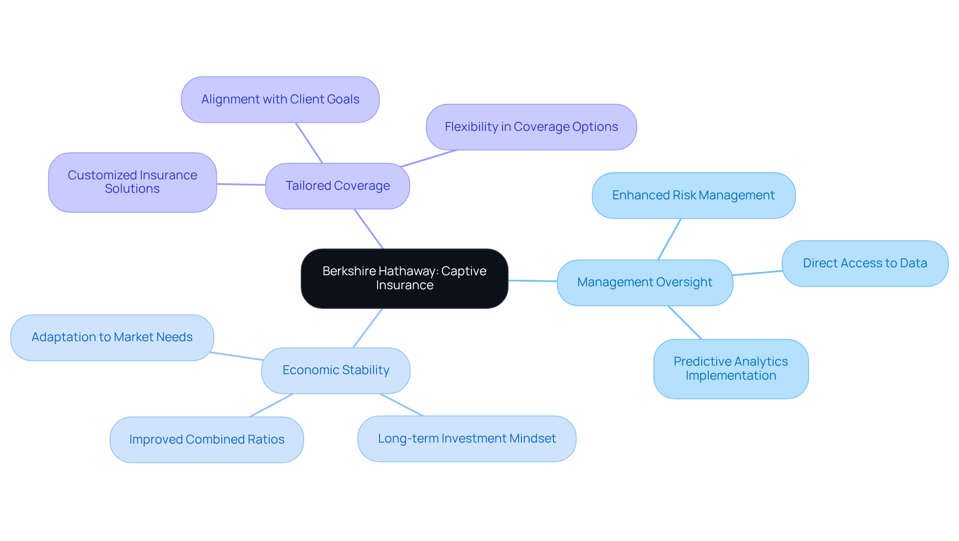 The center represents Berkshire Hathaway's approach, while the branches show how it impacts management, stability, and customization in insurance coverage.