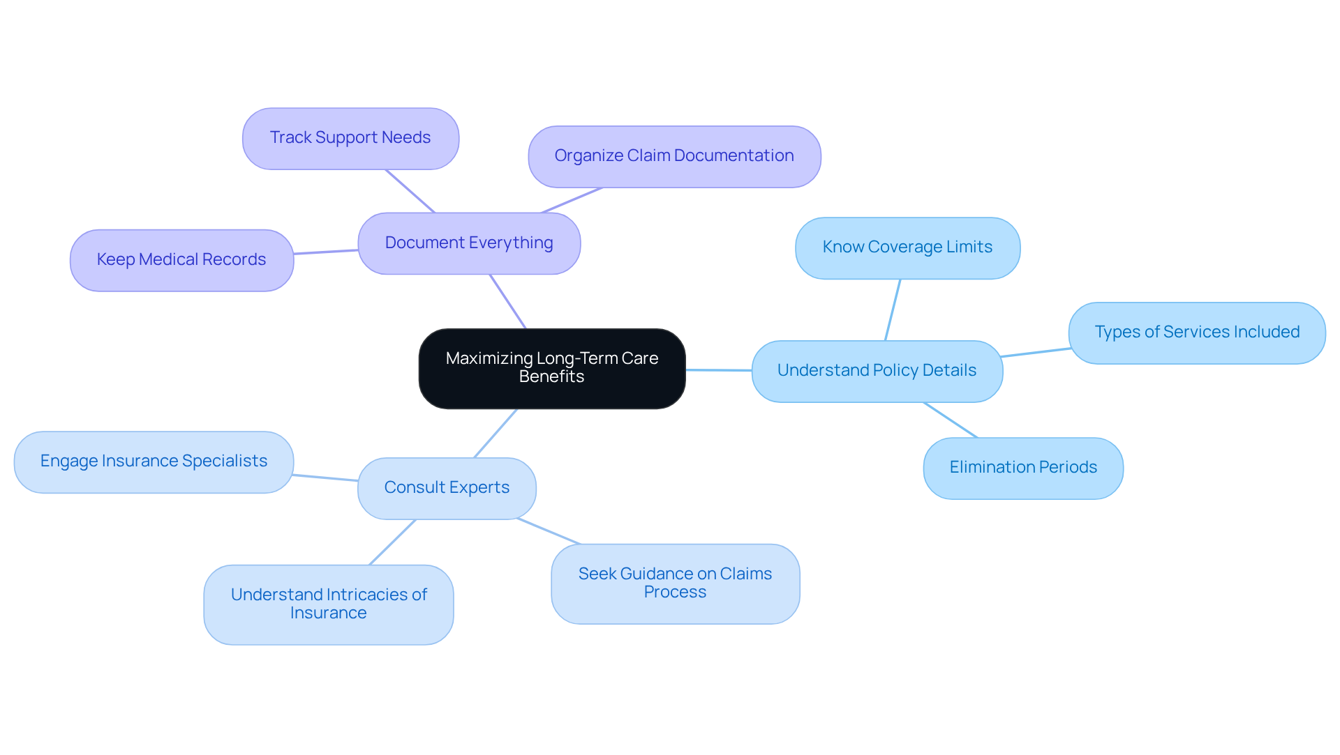 The central node represents the main goal of maximizing benefits, while the branches show different strategies that families can adopt. Each strategy is broken down into actionable steps, making it easier to see what needs to be done.