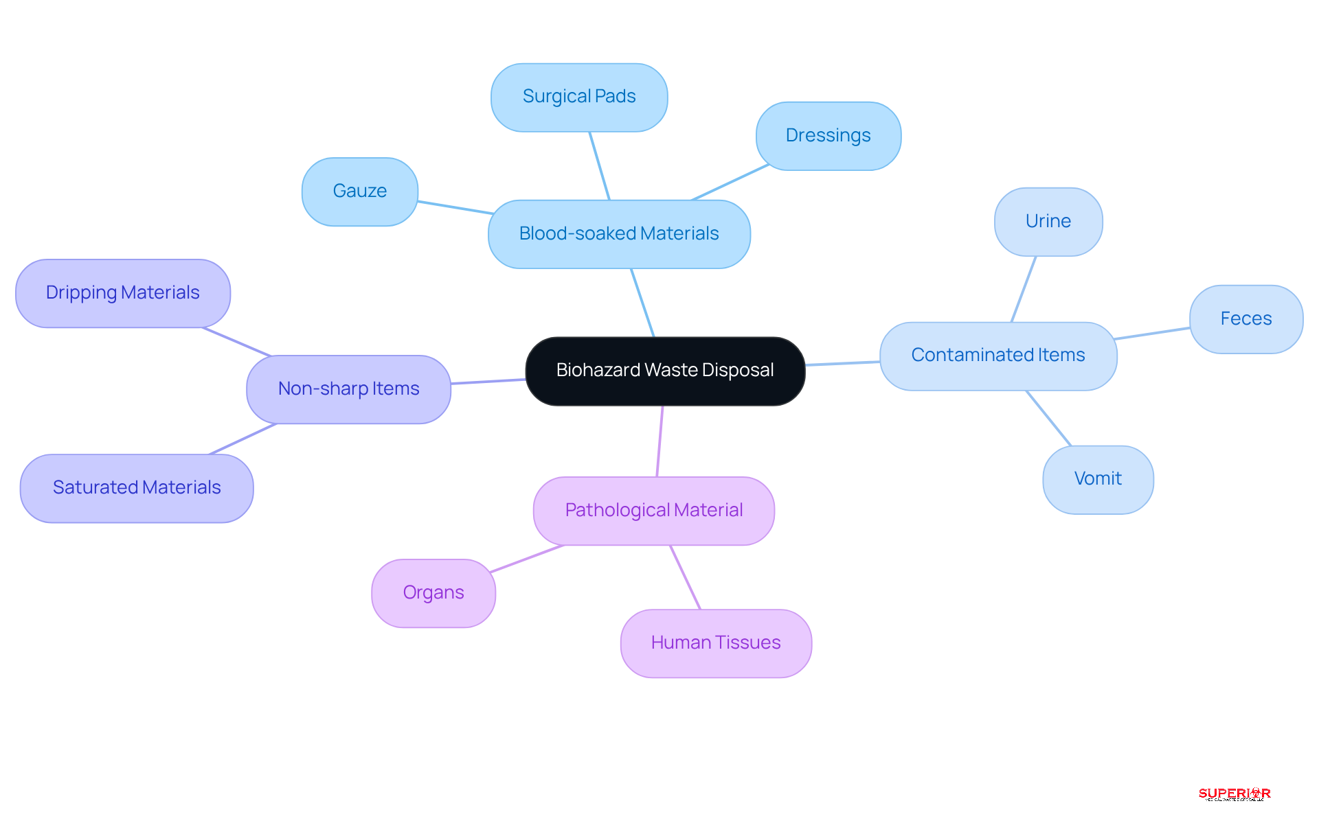 The central node represents the overall topic of biohazard waste disposal. Each branch shows a category of waste that should go into red bags, with specific items listed underneath. This helps you quickly understand what materials are safe to dispose of in biohazard red bags.