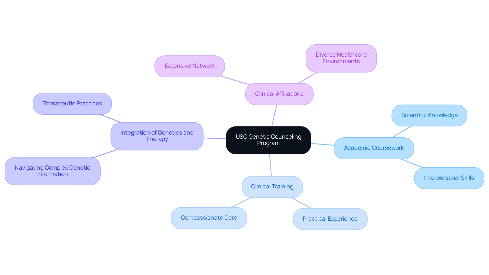 Start at the center with the program name, then explore each branch to see the different components that make up the program, including coursework, training, and practical experiences.