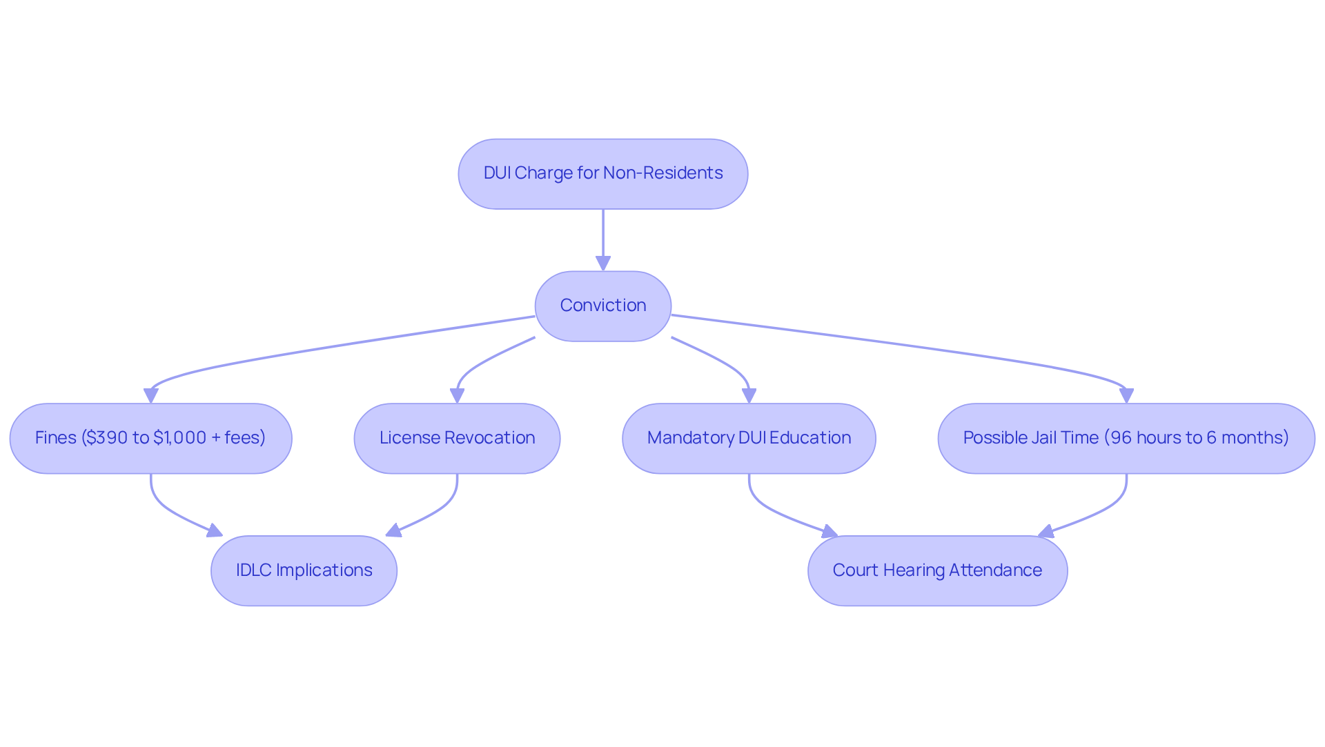 This flowchart outlines the steps and consequences faced by non-residents charged with DUI in Los Angeles. Follow the arrows to see how each step leads to the next, from the initial charge to potential fines, educational requirements, and legal obligations.