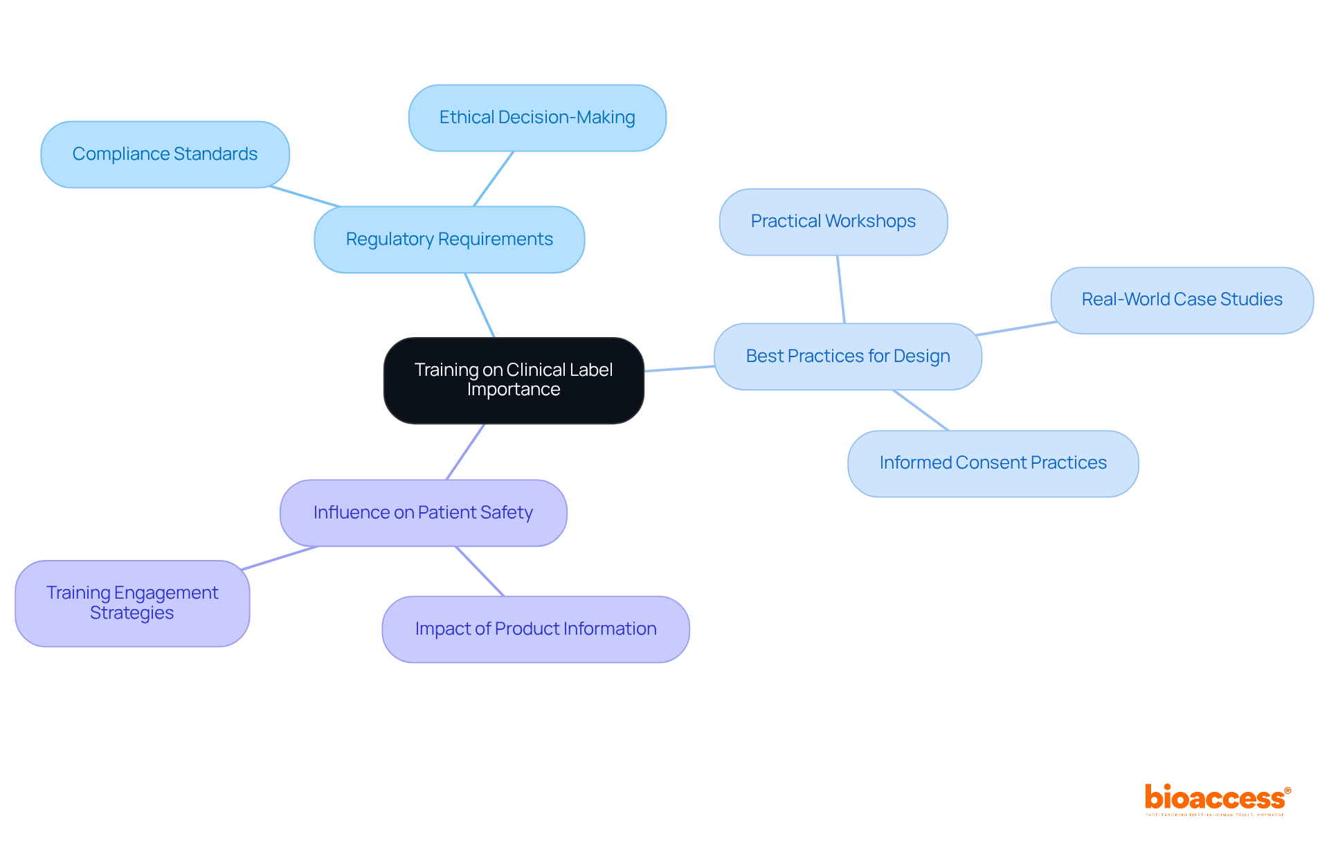The central node represents the overall theme of training, while the branches show key areas of focus. Each sub-branch provides more detail on specific components, helping to visualize the comprehensive nature of effective training.