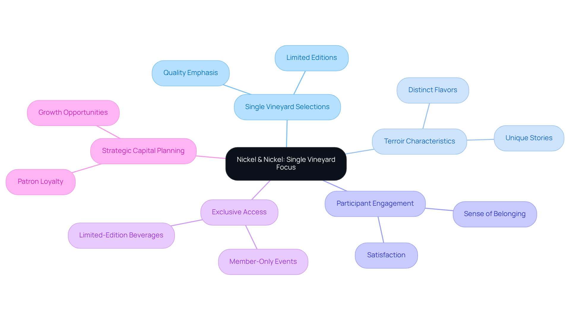 The center represents Nickel & Nickel's main focus, and each branch highlights important aspects that contribute to the overall experience—follow the branches to explore how they connect.