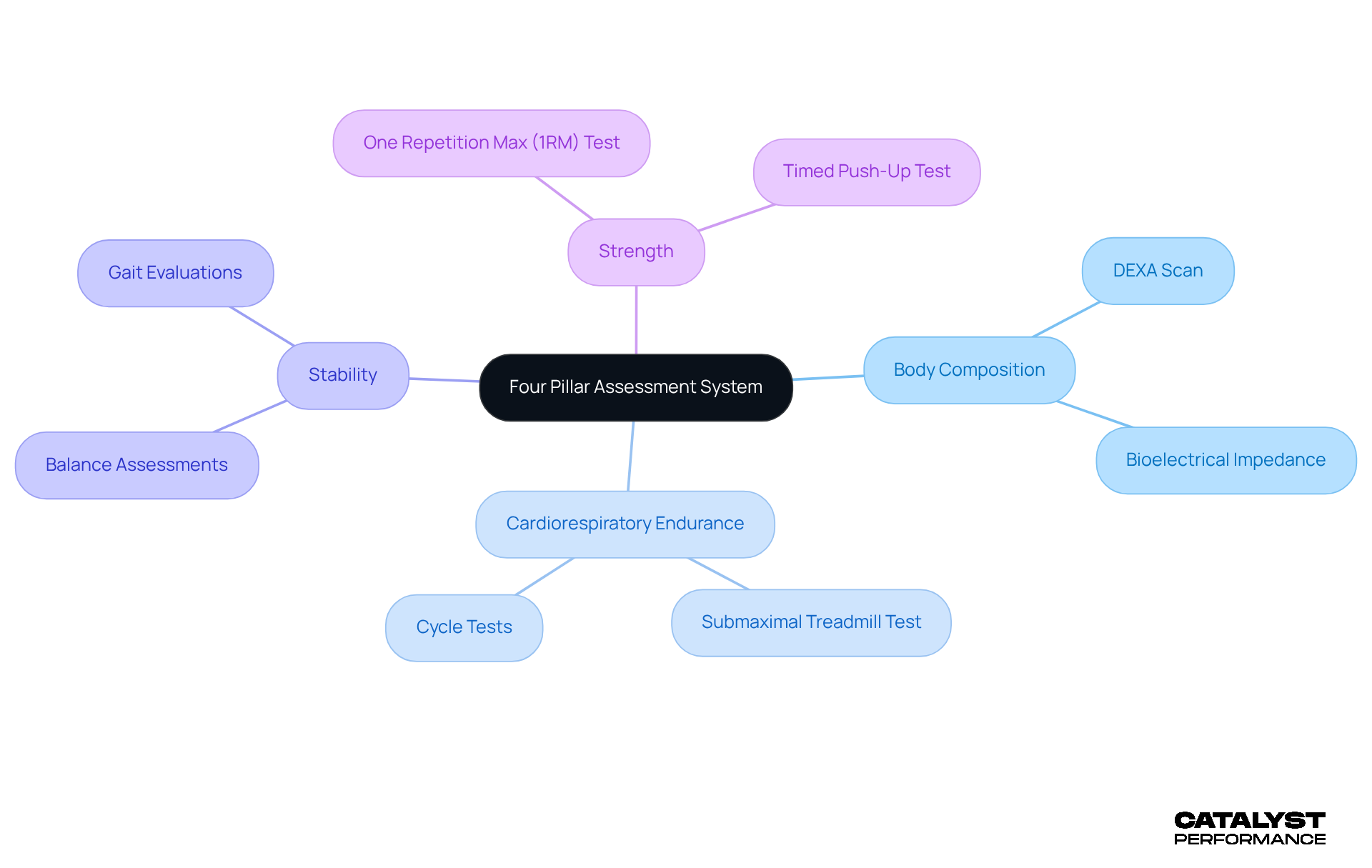 The central node represents the assessment system, while the branches show the four key dimensions. Each dimension leads to insights about how they contribute to your personalized health journey. The central node represents the assessment system, while the branches show the four key dimensions. Each dimension leads to insights about how they contribute to your personalized health journey.