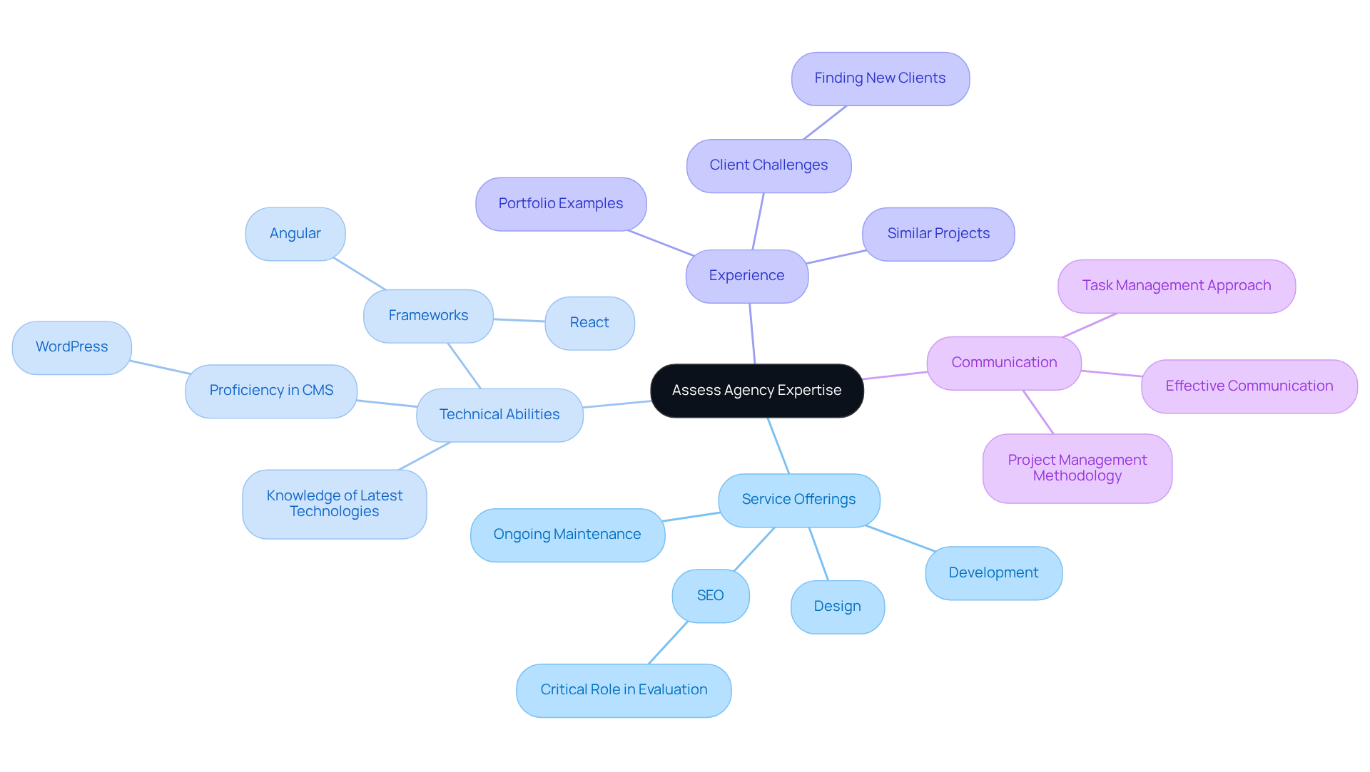 Start at the center with the main topic of assessing agency expertise, then follow the branches to explore each key area and its specific considerations.