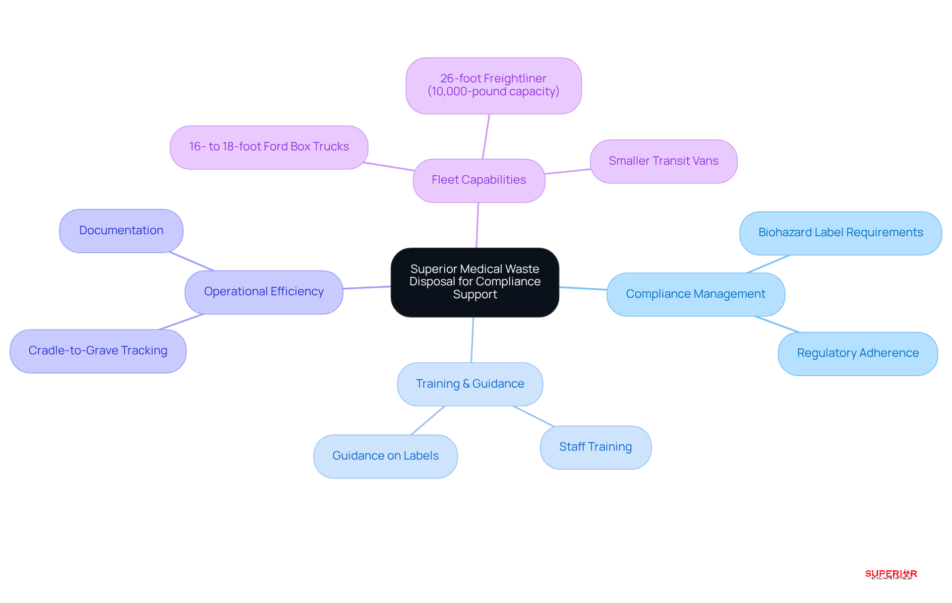 This mindmap starts with the main idea of compliance support in medical waste disposal. Each branch represents a key area of service or capability, showing how they contribute to effective waste management and regulatory compliance.