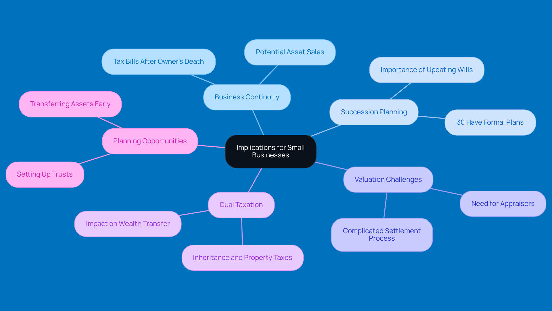 The central node represents the overall topic, while each branch shows a different implication. Follow the branches to see detailed points related to each implication, helping you understand the complexities small businesses face.