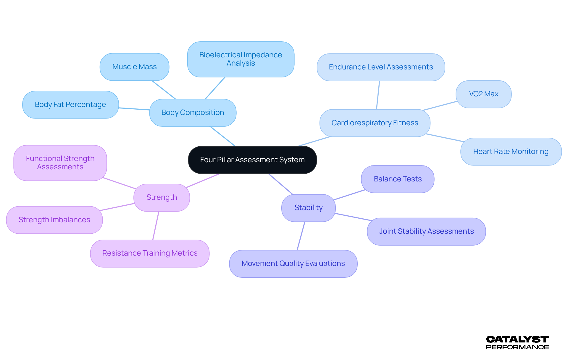 The central node represents the assessment system, while the branches show the key areas of focus. Each pillar is essential for a comprehensive evaluation of your health and fitness journey. The central node represents the assessment system, while the branches show the key areas of focus. Each pillar is essential for a comprehensive evaluation of your health and fitness journey.