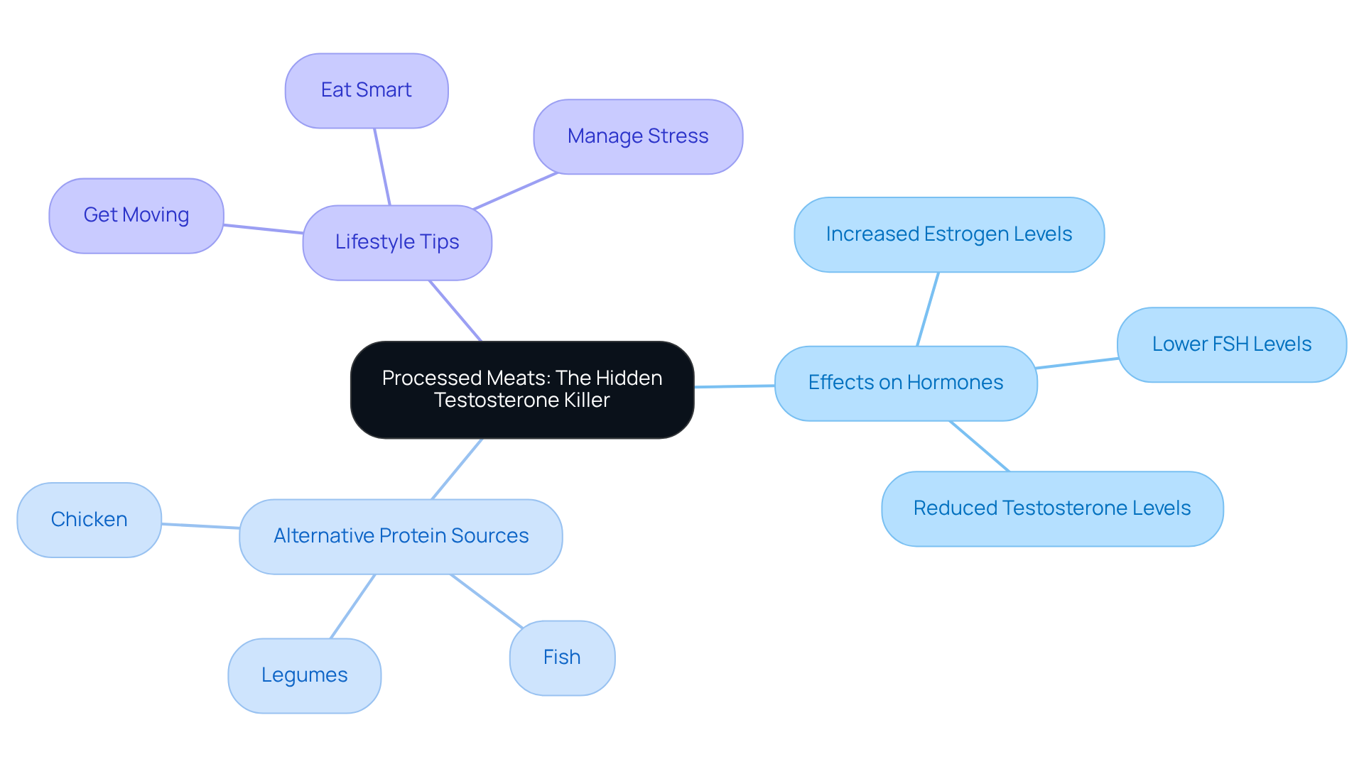 The central node represents the main topic, while the branches show related effects, alternatives, and tips. Follow the branches to explore how processed meats affect testosterone and what you can do to improve your health.