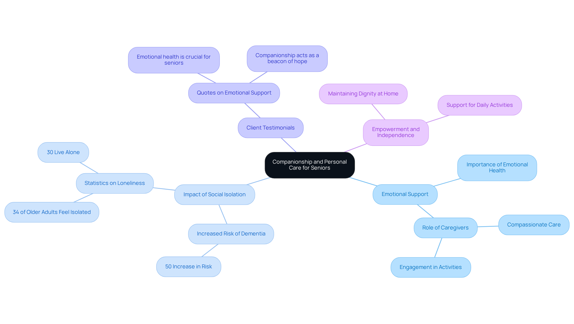 The center represents the main focus on companionship, with branches showing different aspects like emotional support, the effects of isolation, and empowering seniors. Each branch highlights how these elements are interconnected.