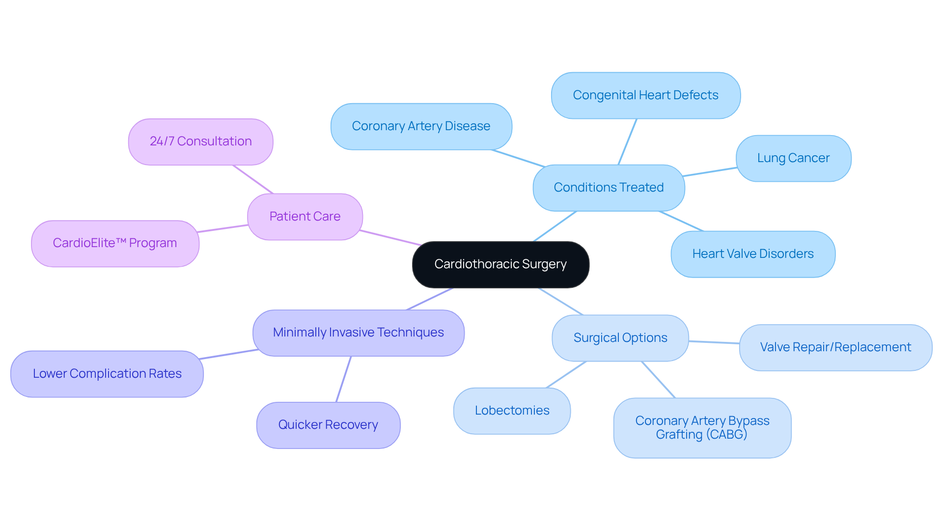 The central node represents the field of cardiothoracic surgery. Each branch shows different aspects: conditions treated, surgical options available, advancements in techniques, and how patient care is enhanced. Follow the branches to explore each area in detail.