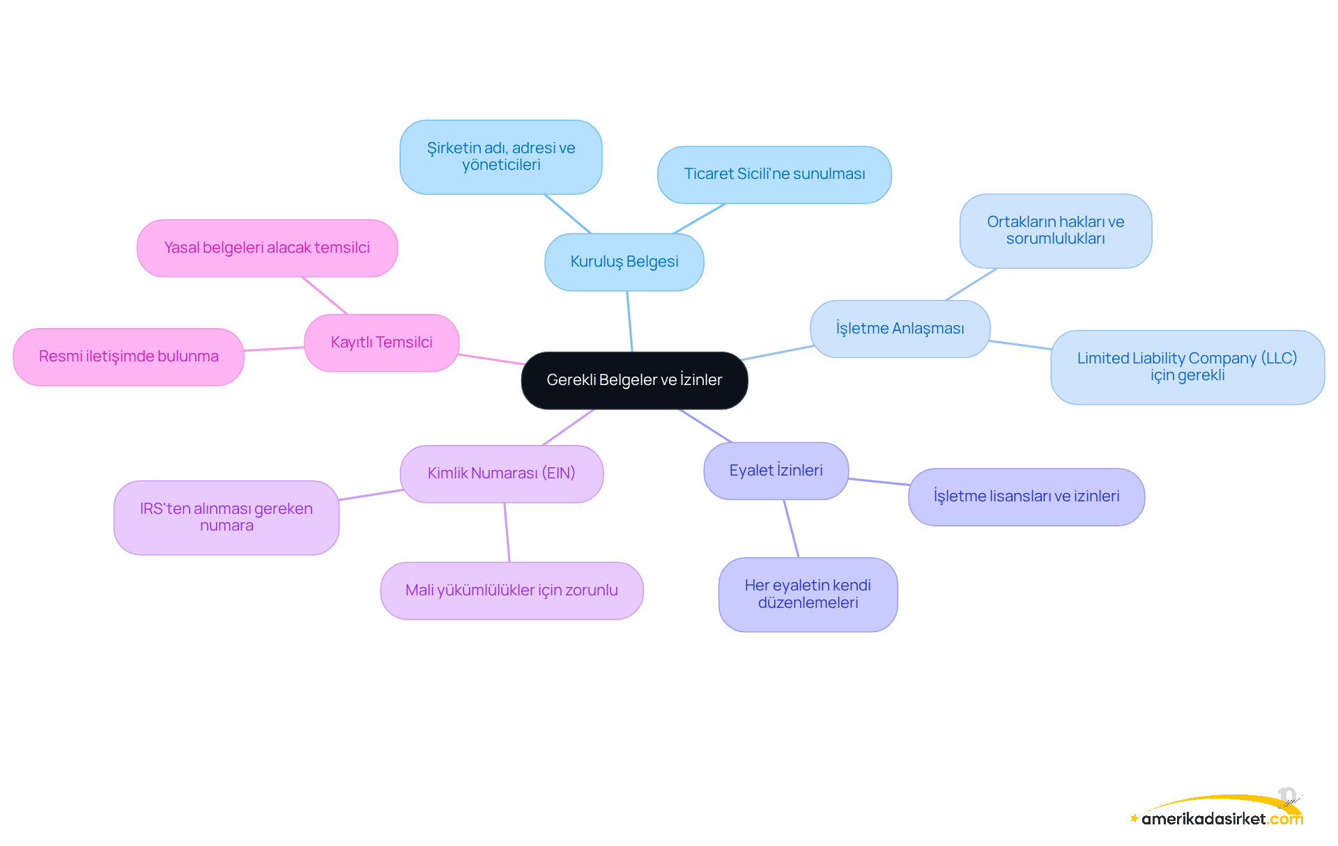 Merkezdeki başlık, tüm belgeleri kapsıyor. Dallar, her belgenin ne olduğunu ve neden gerekli olduğunu gösteriyor. Renkler, her belgenin farklılığını vurgulamak için kullanılıyor.