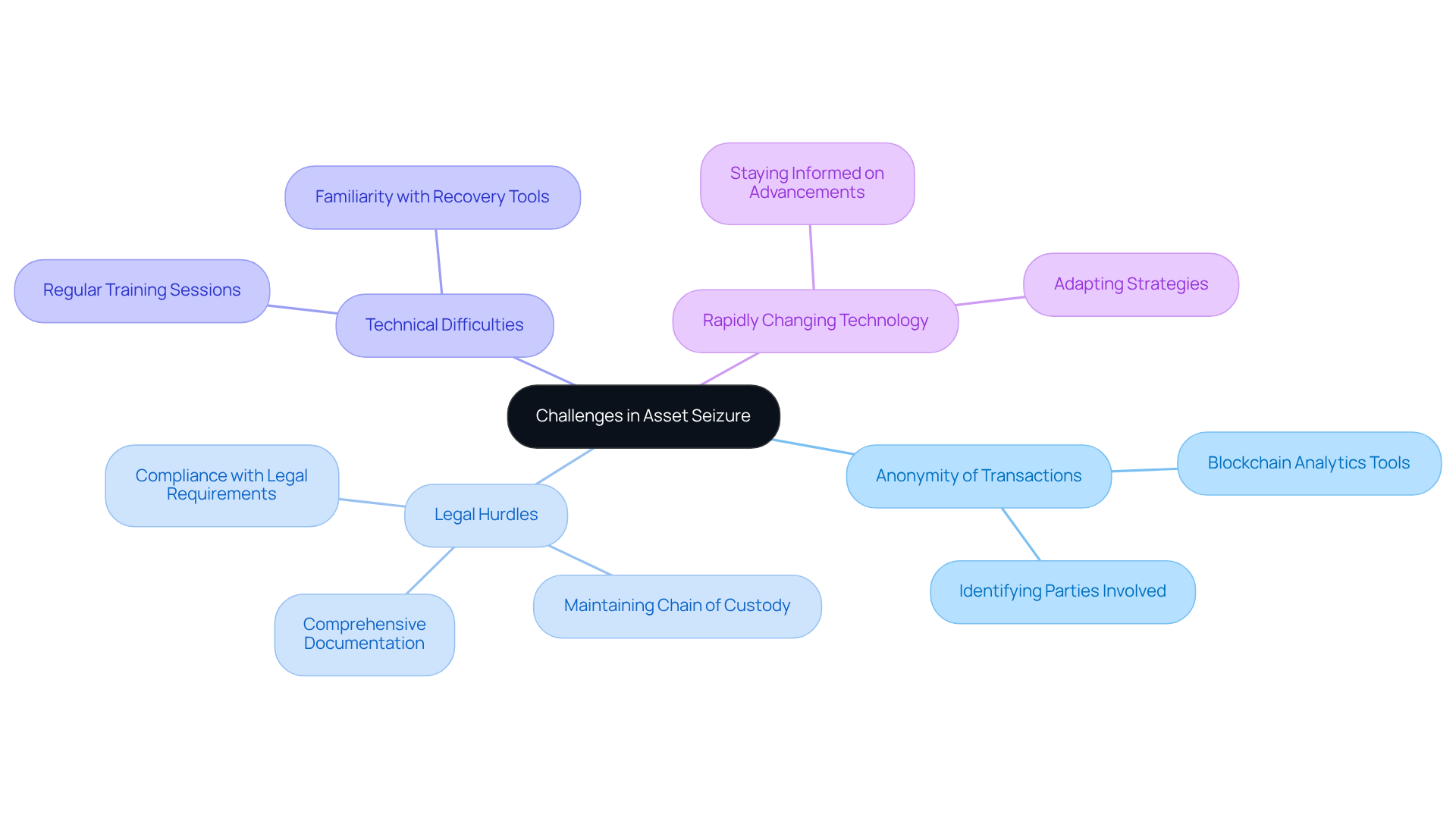 The central node represents the overall theme of asset seizure challenges. Each branch highlights a specific challenge, with further details on how to tackle these issues. Follow the branches to understand the connections and solutions. The central node represents the overall theme of asset seizure challenges. Each branch highlights a specific challenge, with further details on how to tackle these issues. Follow the branches to understand the connections and solutions.