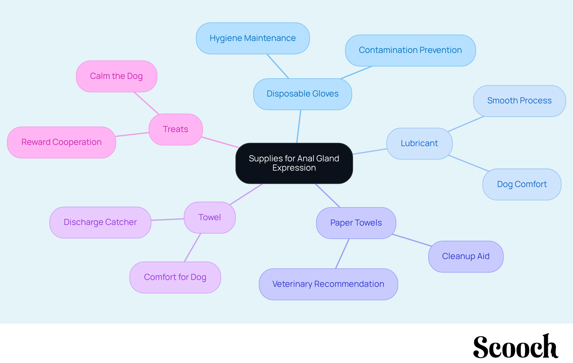 The center shows the main task, and each branch lists a supply needed for the process. The descriptions explain why each item is important, helping you remember what to gather.