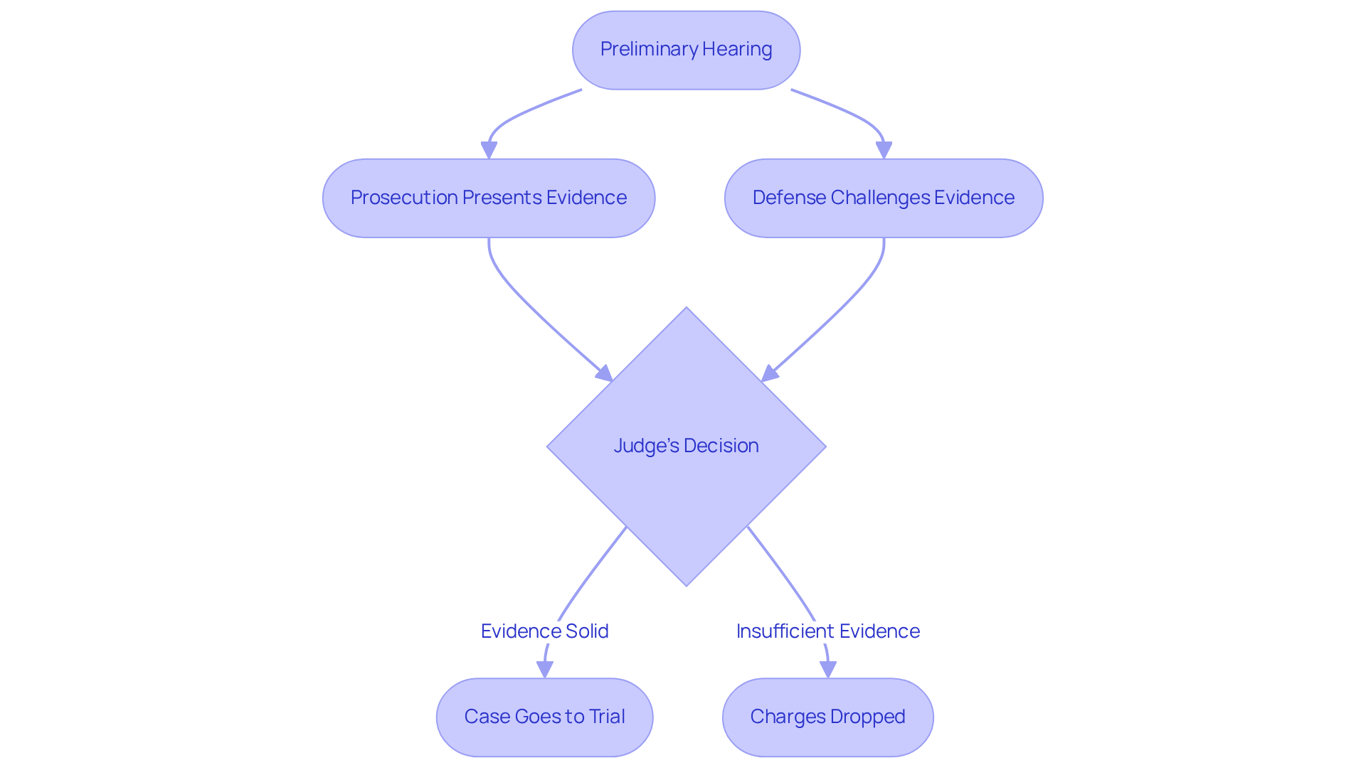 This flowchart outlines the steps you will go through during the preliminary hearing. Start at the top with the hearing itself, then see how the prosecution and defense interact, leading to the judge's decision and the possible outcomes for your case.