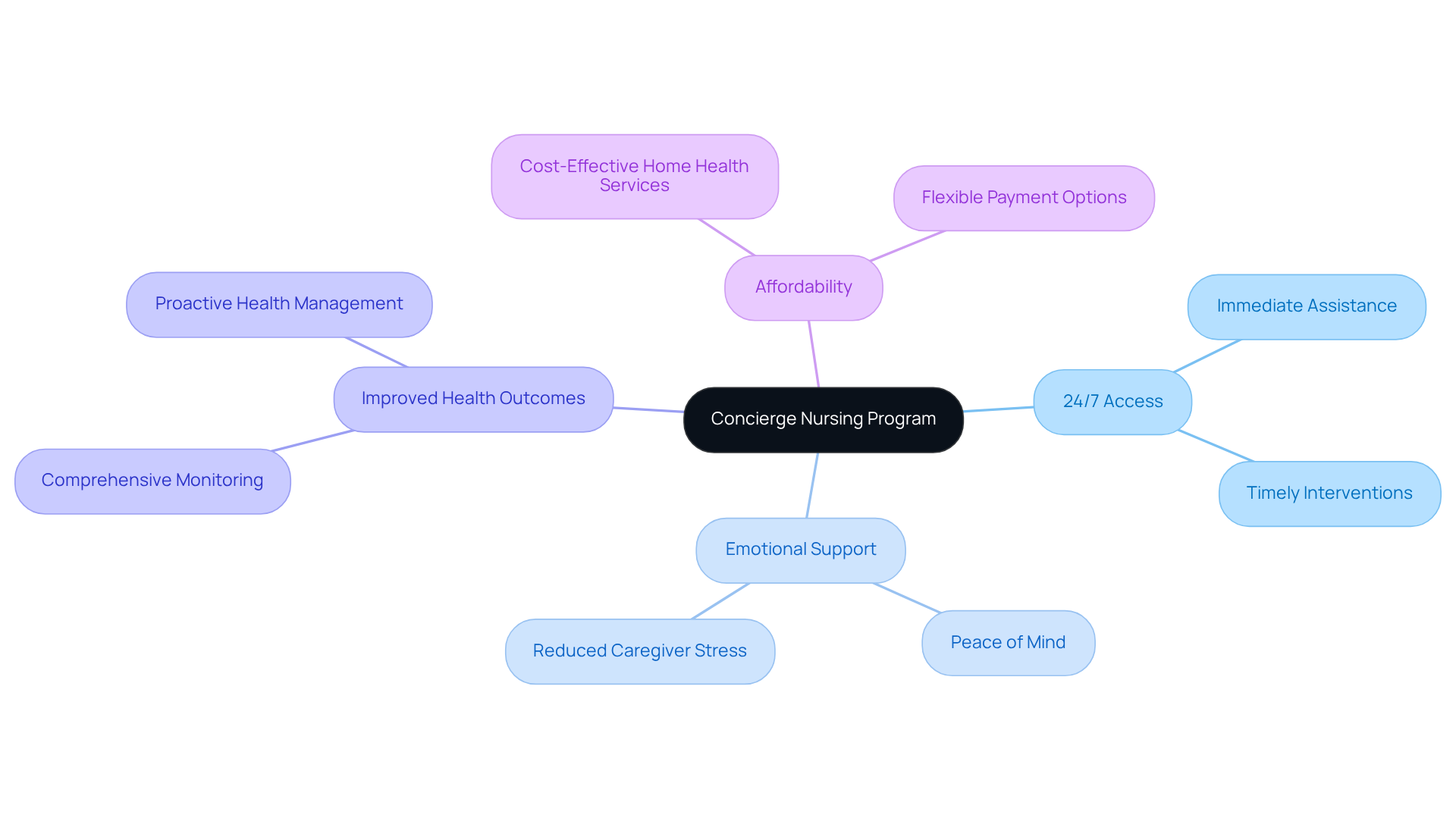 At the center is the concierge nursing program, with branches showing its key benefits. Each branch dives deeper into specific aspects, helping you see how they connect and contribute to better care for loved ones.