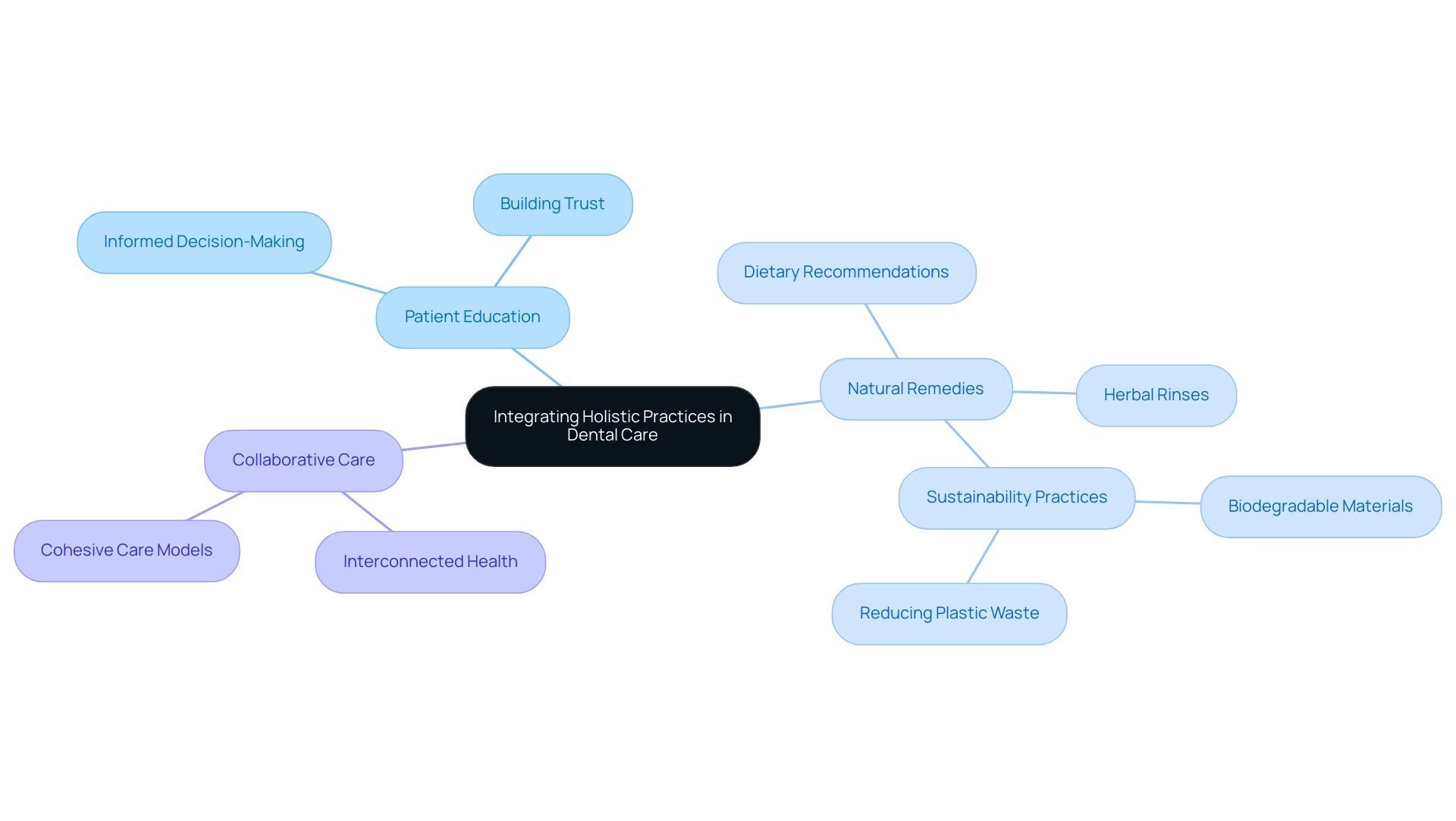 The central node represents the holistic approach in dental care, with branches illustrating key components: Patient Education, Natural Remedies, and Collaborative Care, each with its own subcategories.