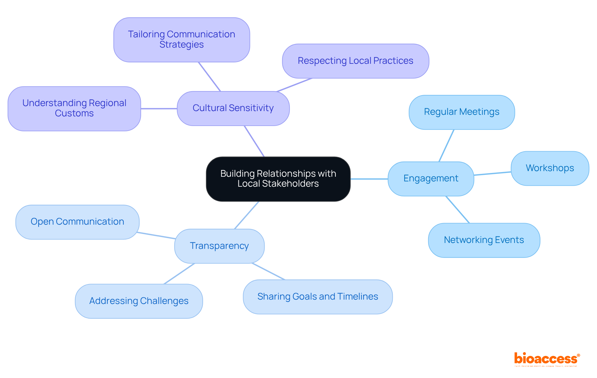 The central node represents the main goal of building relationships, while the branches show key strategies. Each sub-branch provides specific actions or considerations that support the main strategies.