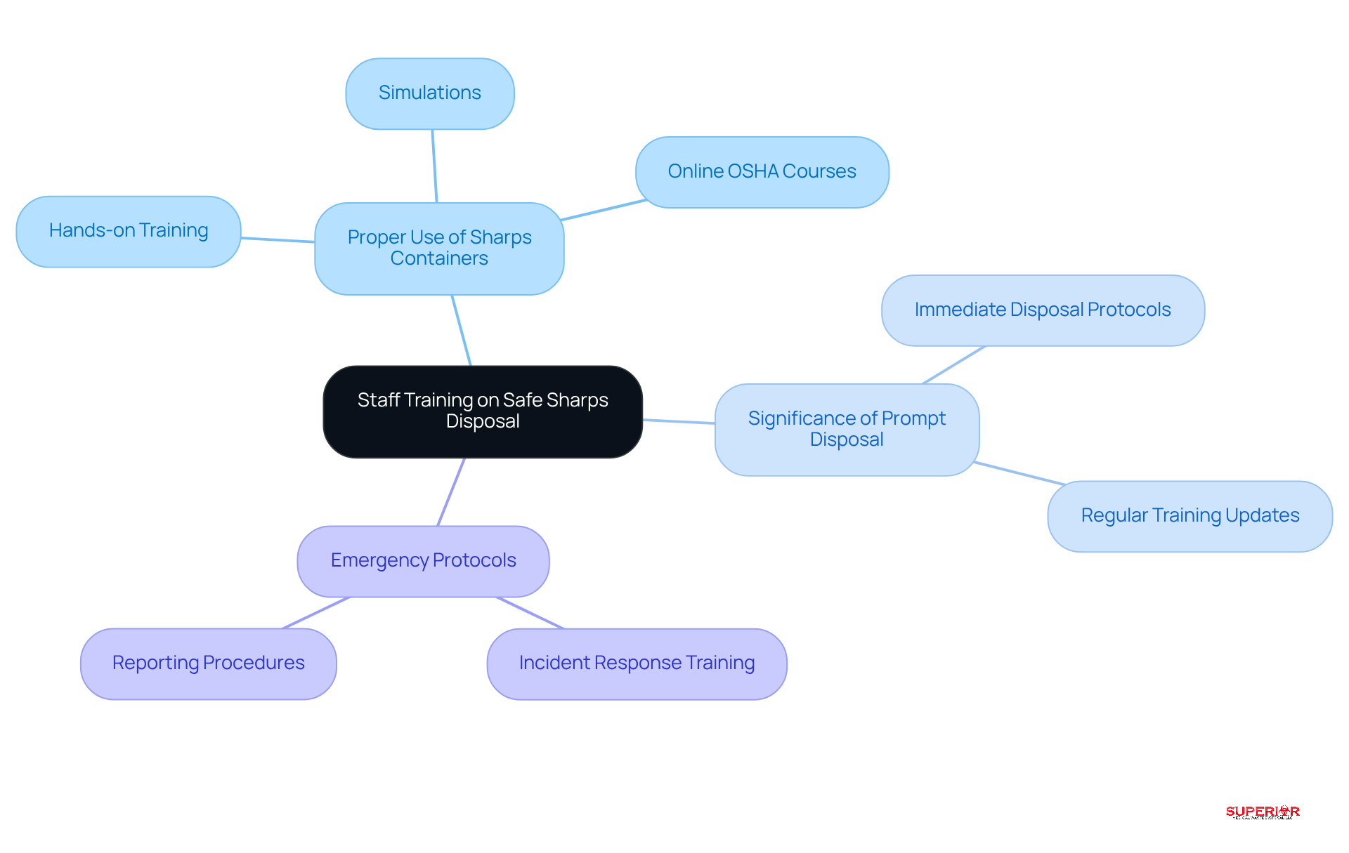 The central node represents the main training focus, while the branches show the key topics covered in the training. Each sub-branch provides more detail on methods and practices, helping to visualize the comprehensive approach to staff education.