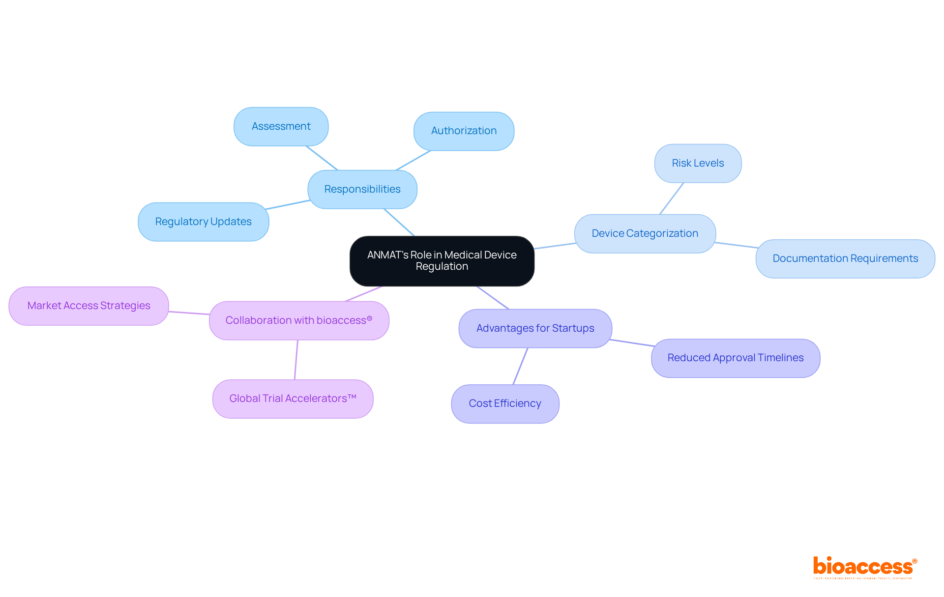 The central node represents ANMAT's role, while the branches show its responsibilities, how devices are categorized, the benefits for startups, and opportunities for collaboration. Follow the branches to explore each aspect in detail.