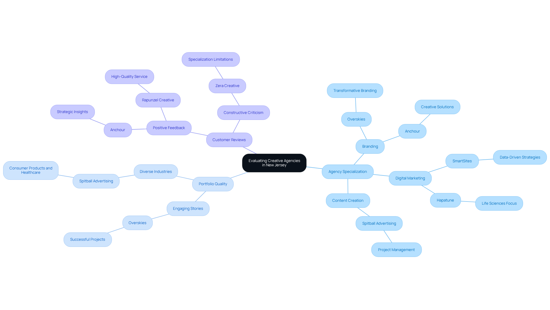 The central node represents the main topic, while the branches show the key aspects to consider when evaluating agencies. Each sub-branch provides specific details or examples related to that aspect. The central node represents the main topic, while the branches show the key aspects to consider when evaluating agencies. Each sub-branch provides specific details or examples related to that aspect.